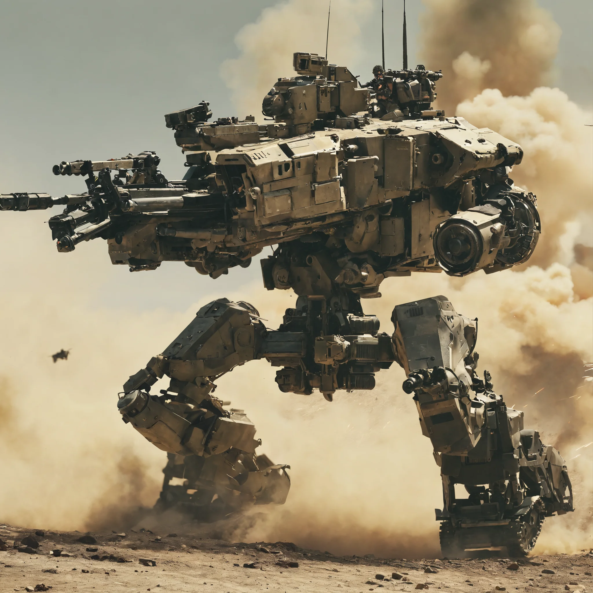 Lexica - Mechanized war machine, firing machine guns, multiple legs, wide view, 720p
