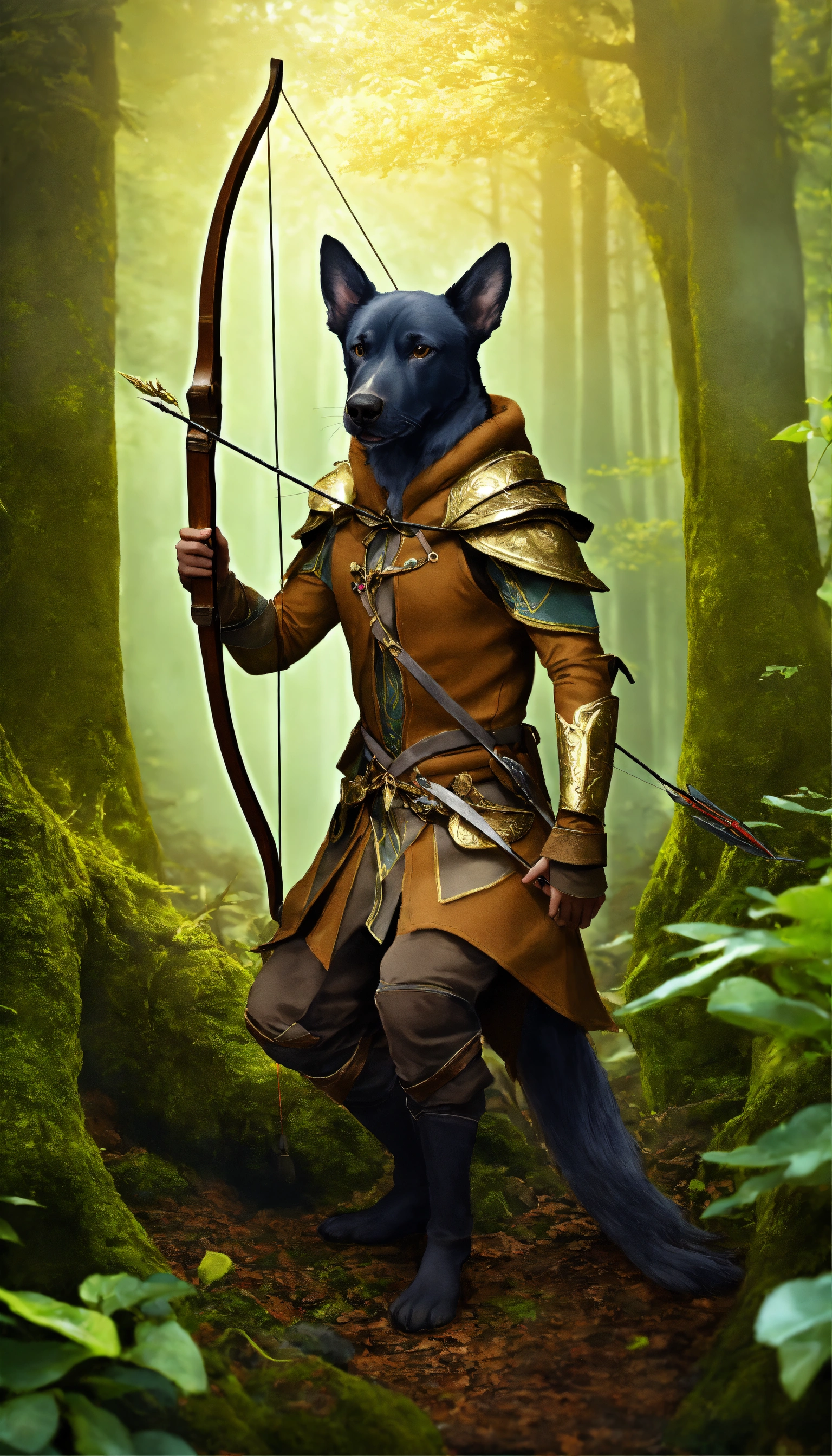 Lexica - Create an image of a dog through a mystical forest as an elven ...