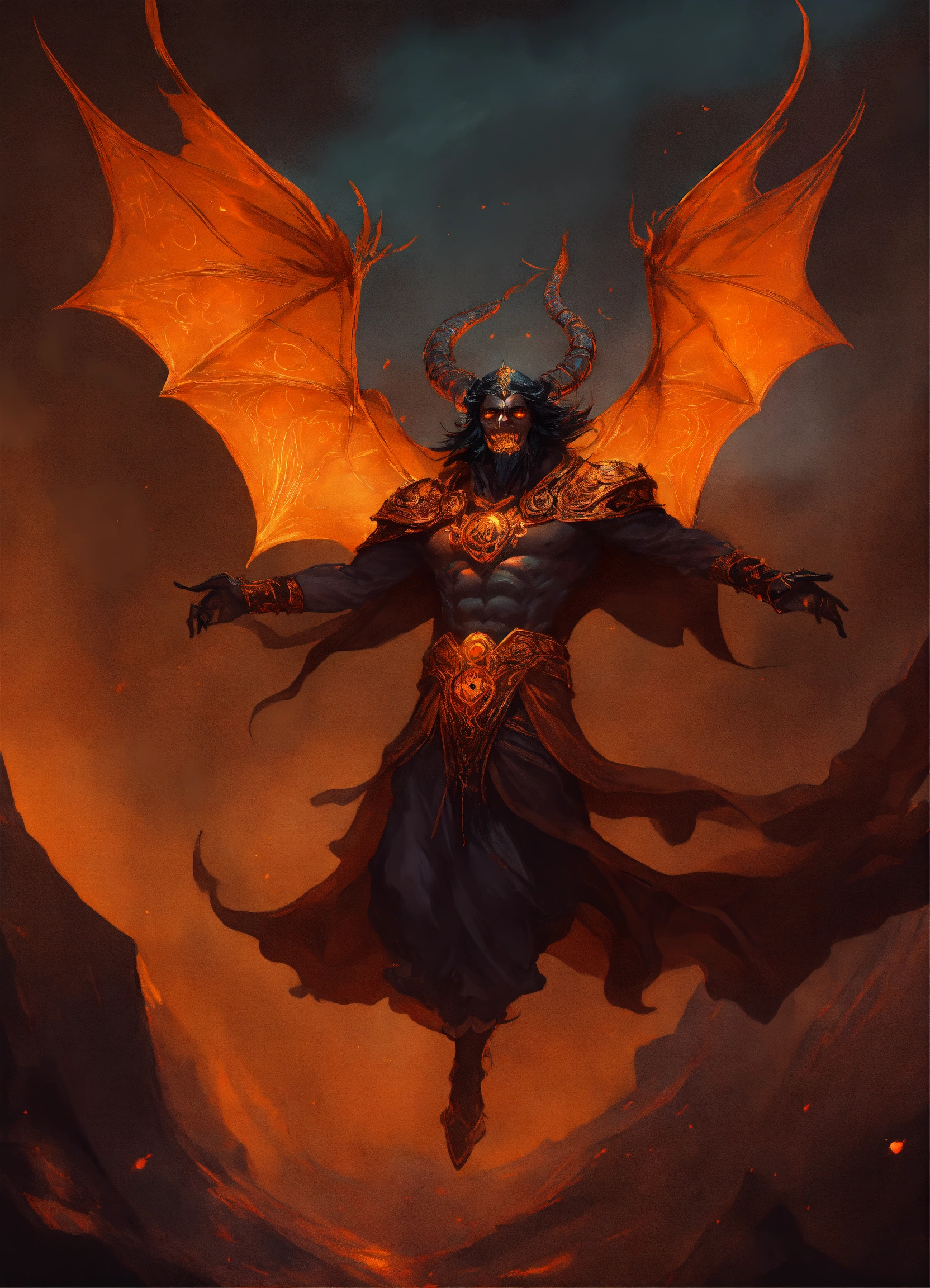 Lexica - A scary dark jinn flying,backdrop dark,orange smooth colors bright