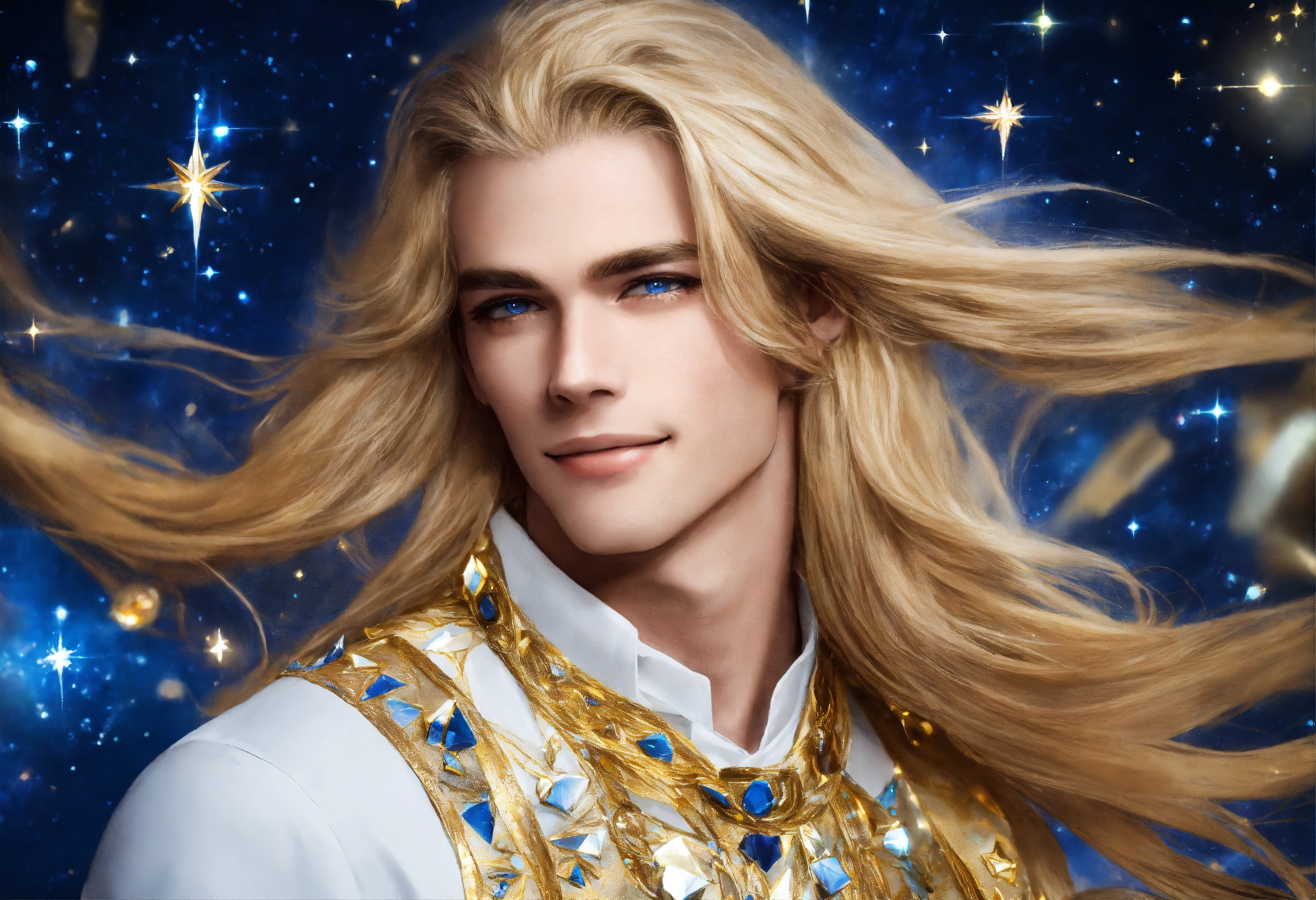 Lexica - Beautiful faces cosmic men long blond hair, smiling, blue and ...