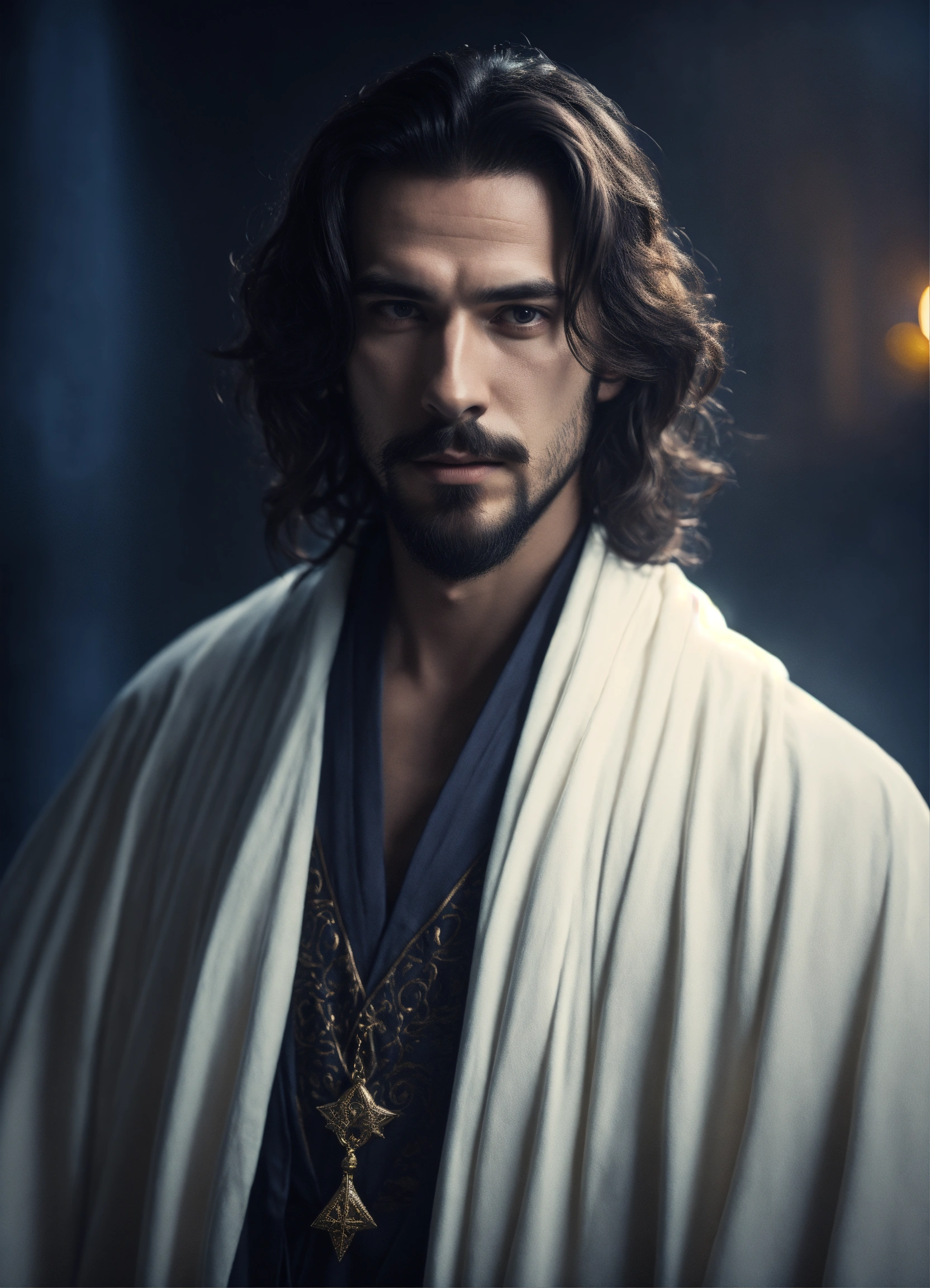 Lexica - Dark medium hair, french goatee, wizard robes white light ...