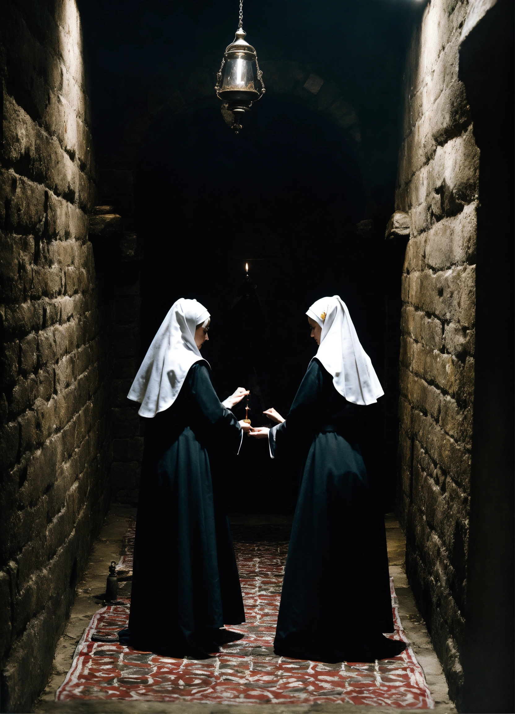 Lexica - Dark nuns performing ritual, in dungeon, historical picture