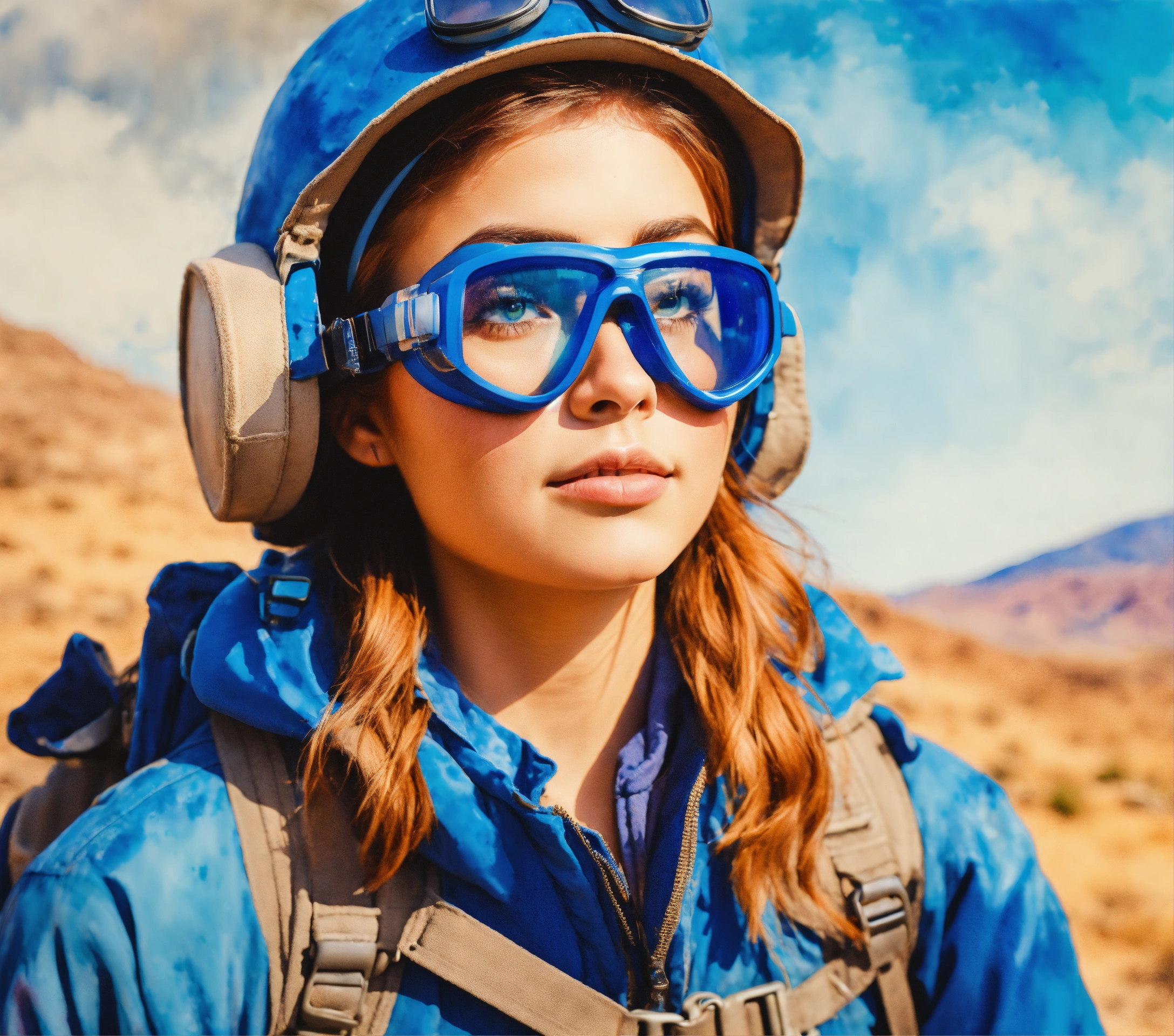 Lexica - Beautiful watercolor style blue, adventurer with googles ...