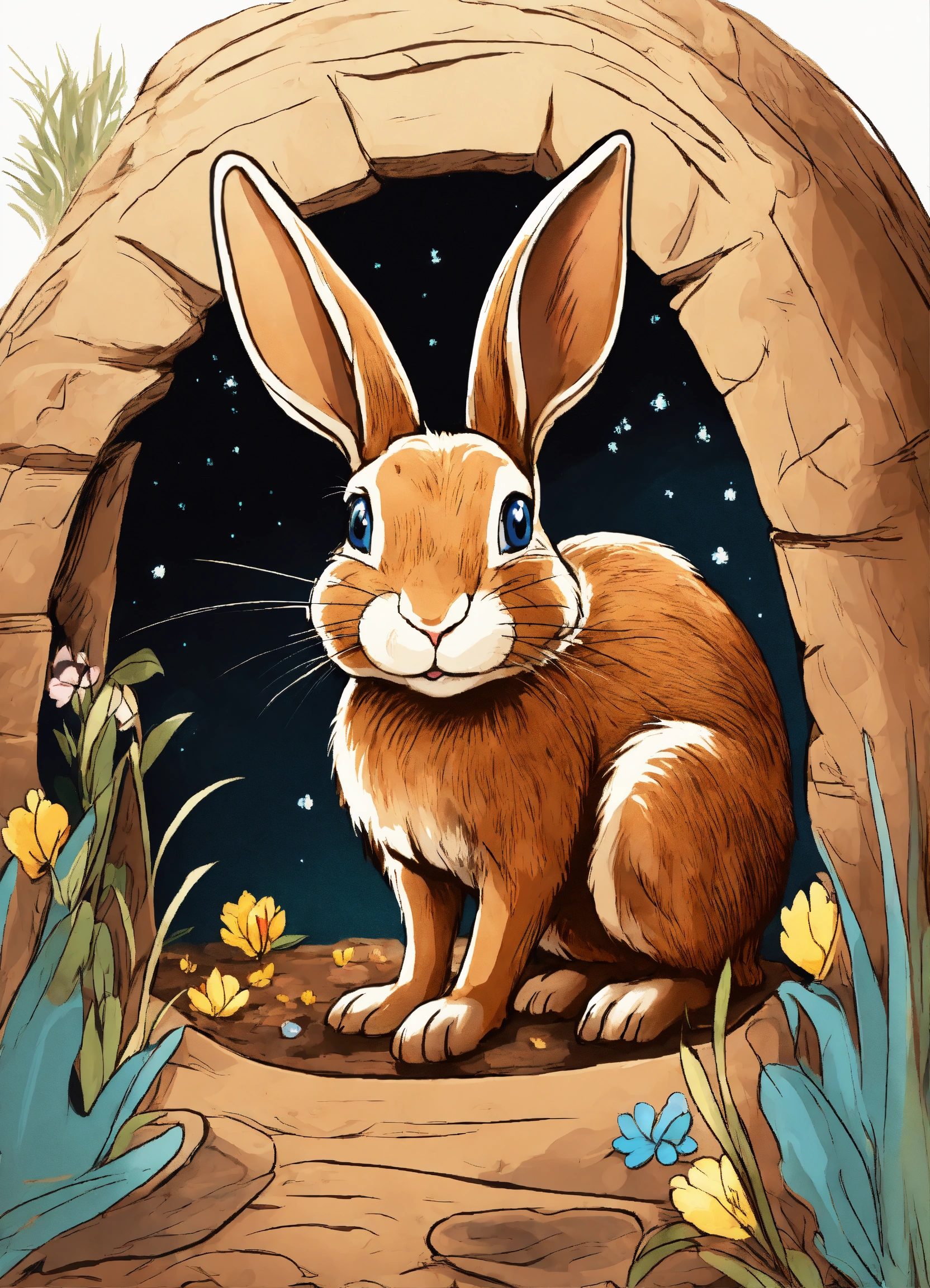 Lexica - A brown rabbit blue eyes dreaming in its burrow. Drawing style ...