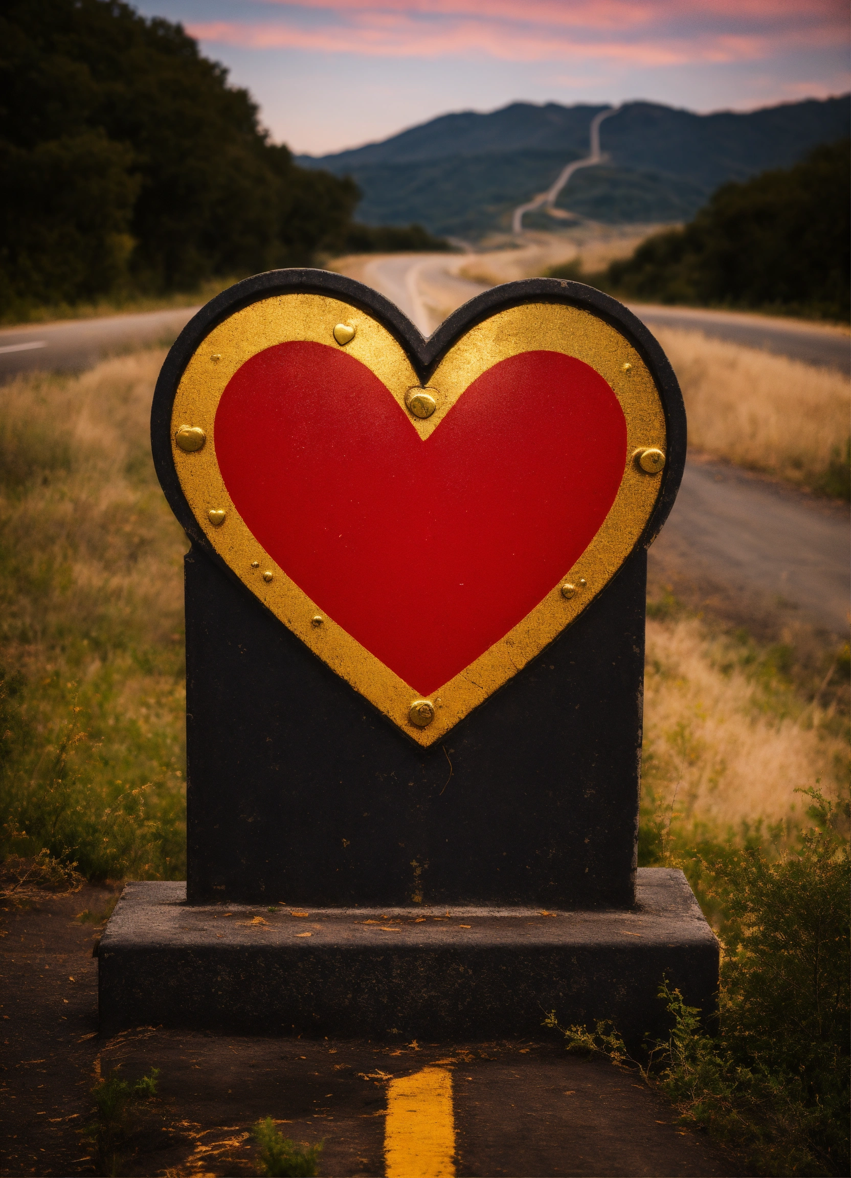 Lexica - Heart-shaped road sign in red, black, gold tones