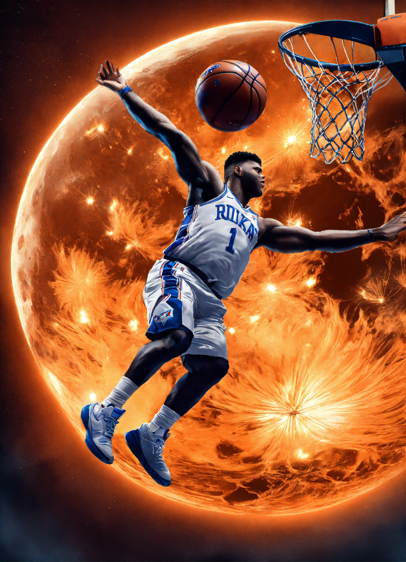Lexica - Zion Williamson dunking flaming basketball on the moon.