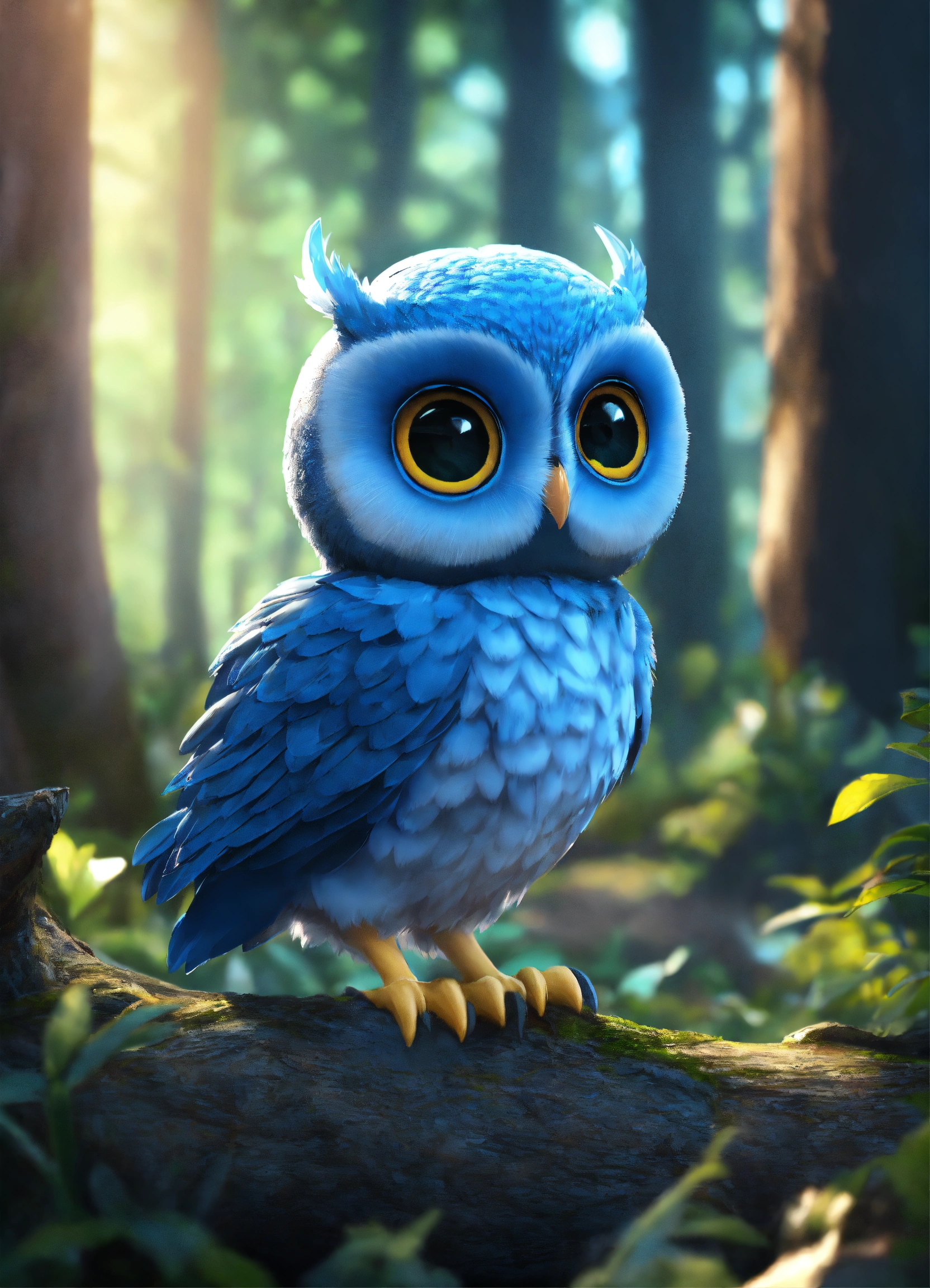 Lexica - A cute all blue baby owl with big eyes in the forest animated ...