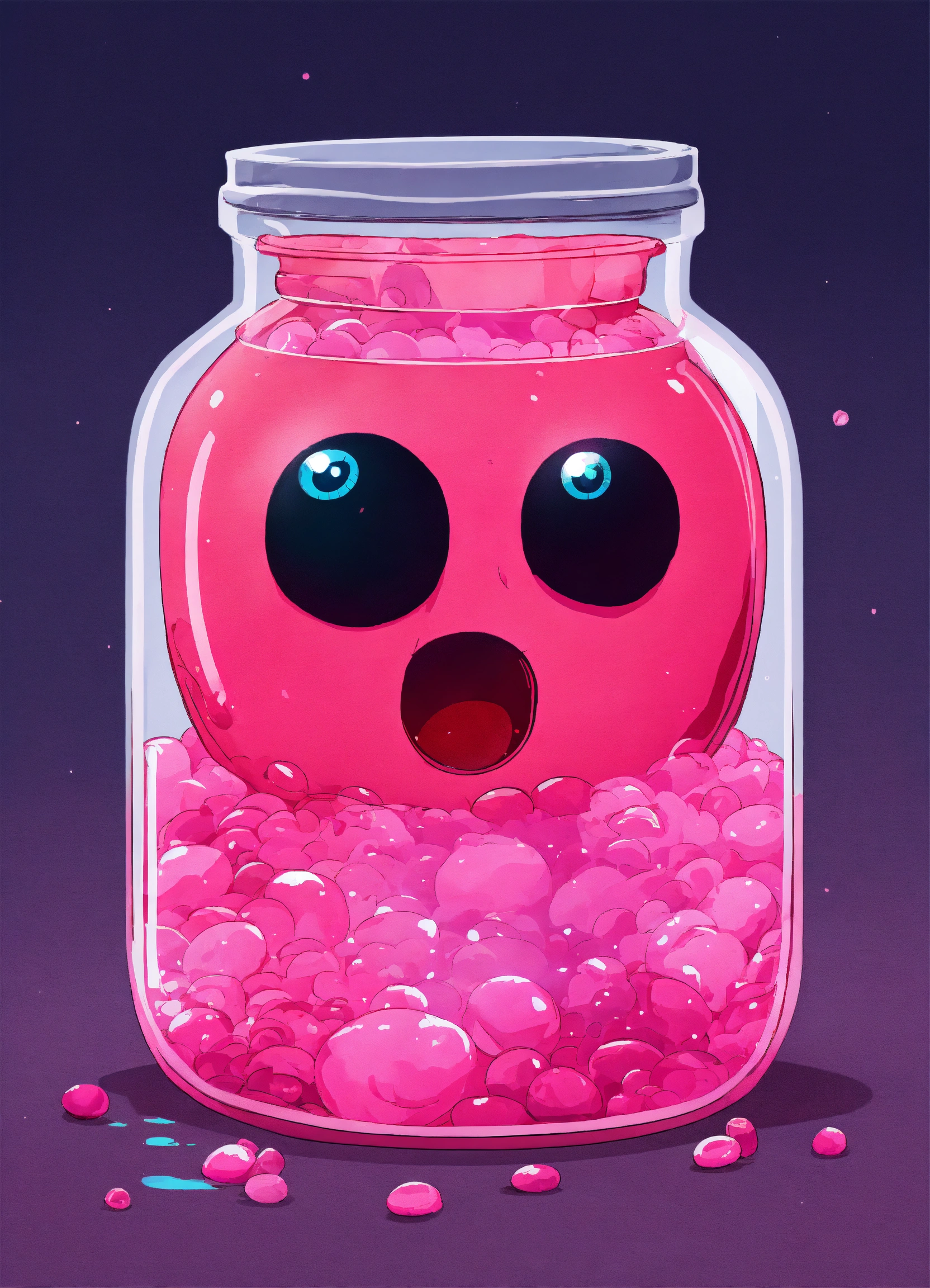 Lexica - A kawaii hot pink blob cyclops in a jar. It has one eyeball only.
