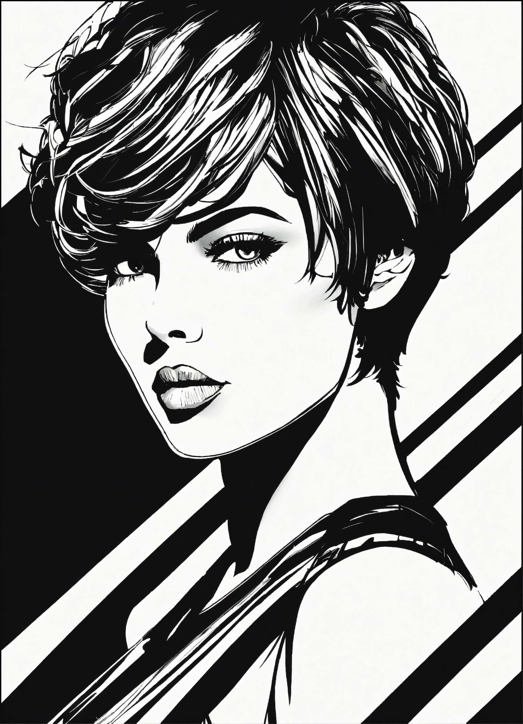 Lexica - Black and white clipart of pretty woman, short hair, upper ...