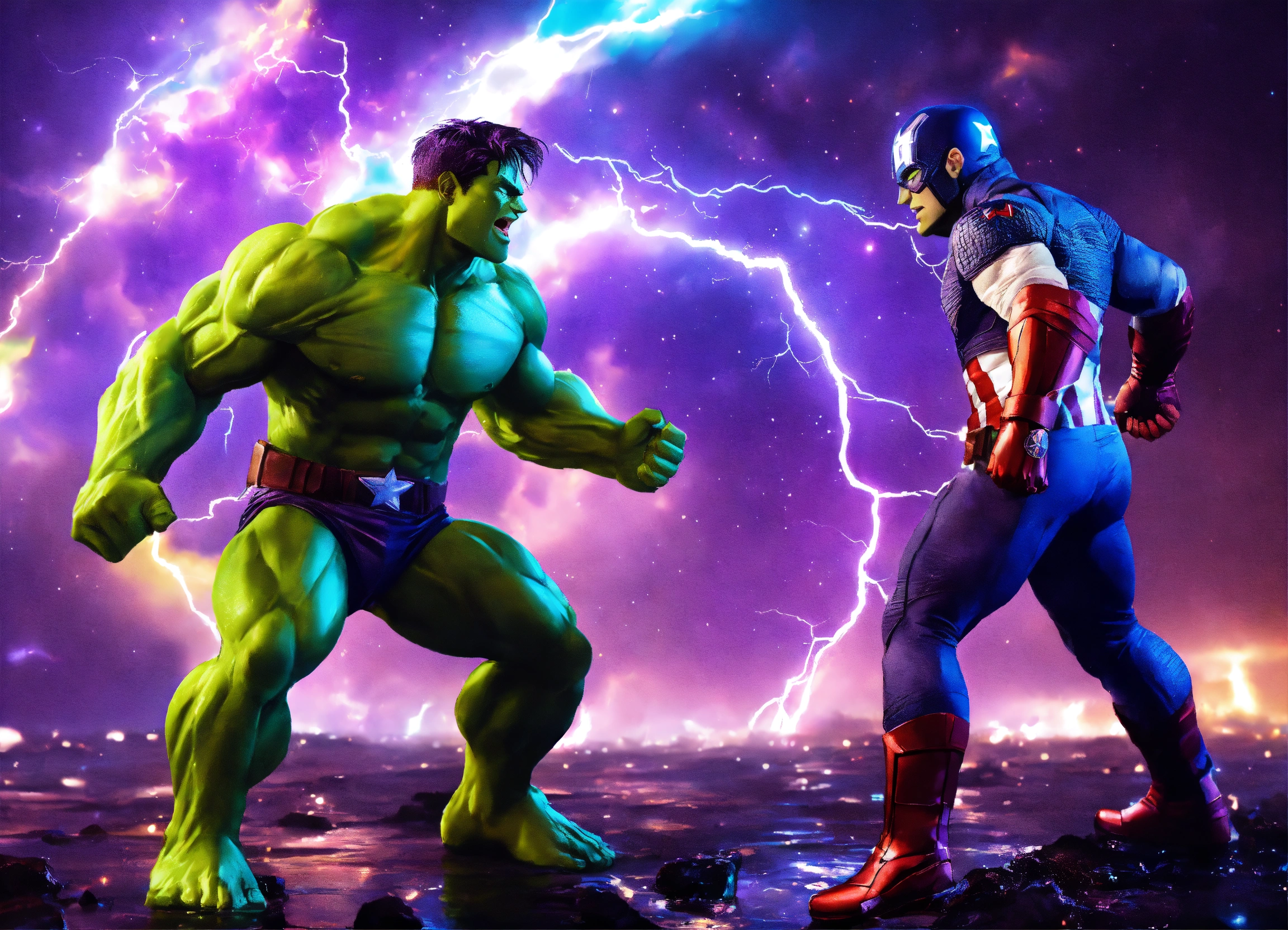 Lexica - Purple gold hulk vs glowing captain america god rainbow water ...