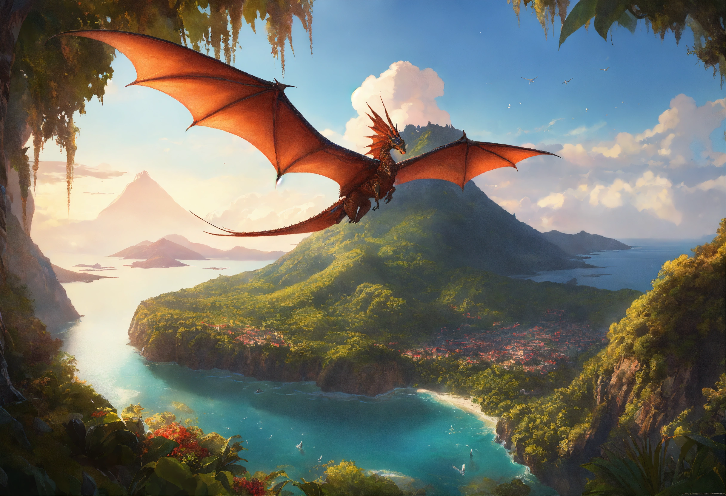 Lexica - Distant Wyvern flying over dormant vulcano and forested island ...