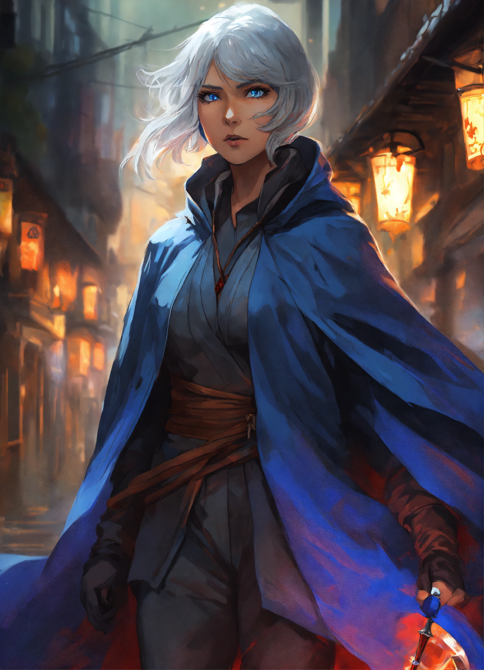 Lexica - Grey-haired female vigilante, combat stance, glowing blue eyes ...