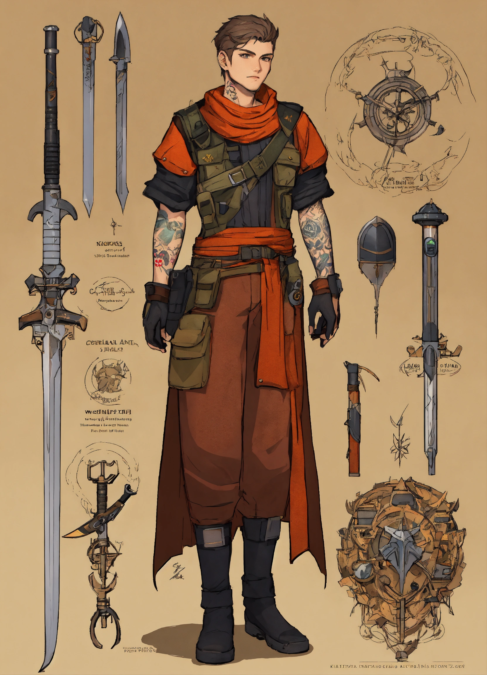 Lexica - Weapons tattoo design full body, character sheet