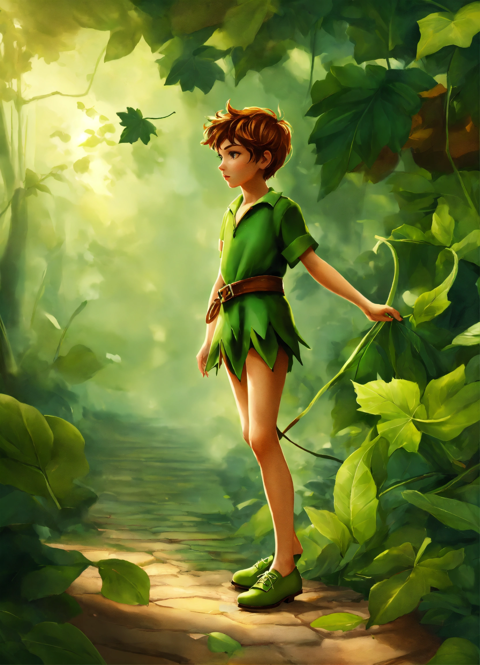Lexica - Peter pan, green clothes, legs and shoes, realistic, leaves