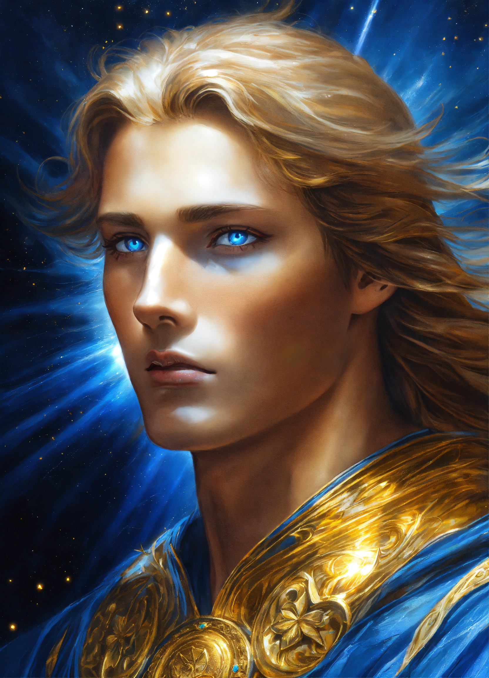 Lexica - Archangel michael with long hair, shinny blue eyes, full lips ...