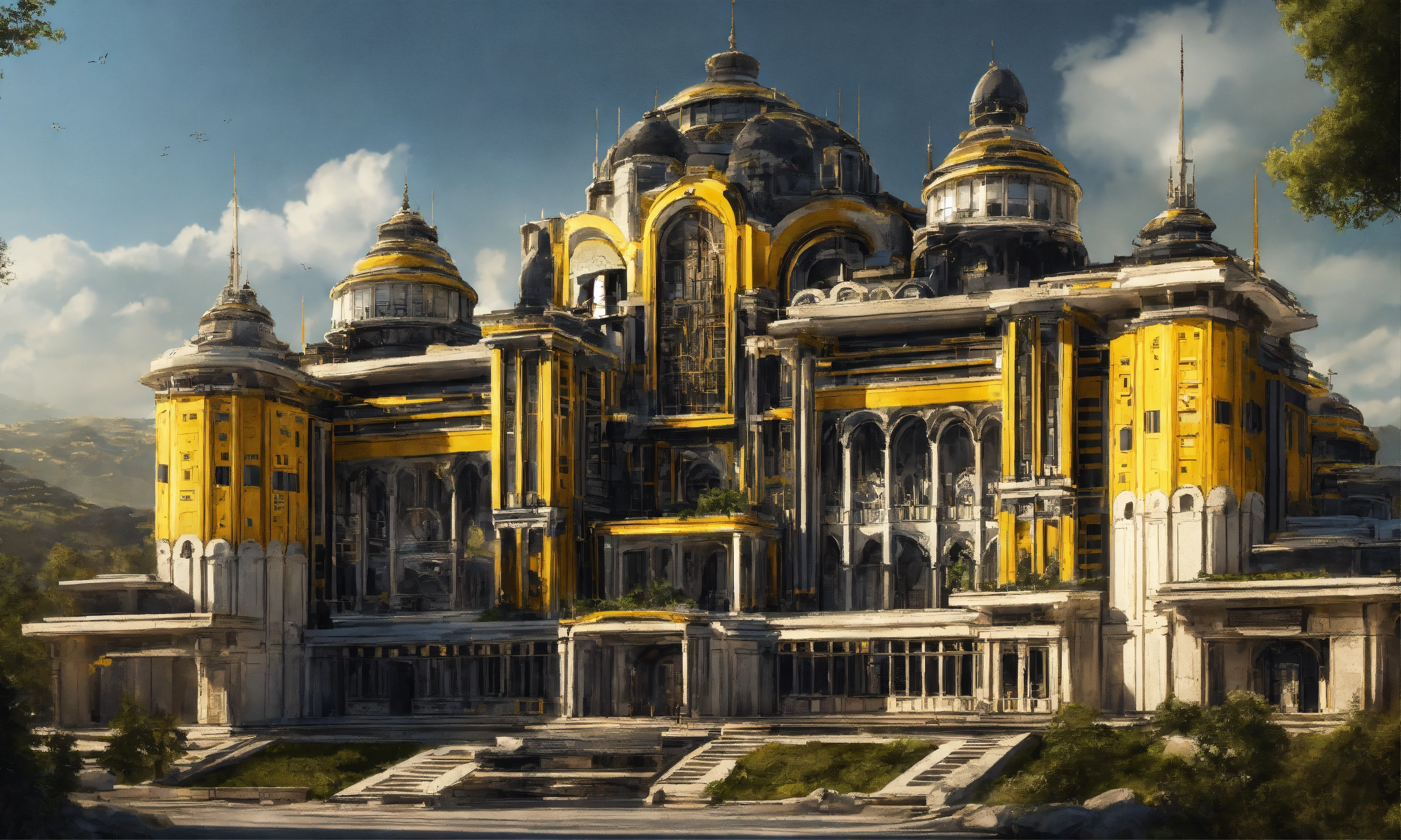 Lexica - Full image of a massive sci fi palace with black, white and yellow designs, Bulgarian ...
