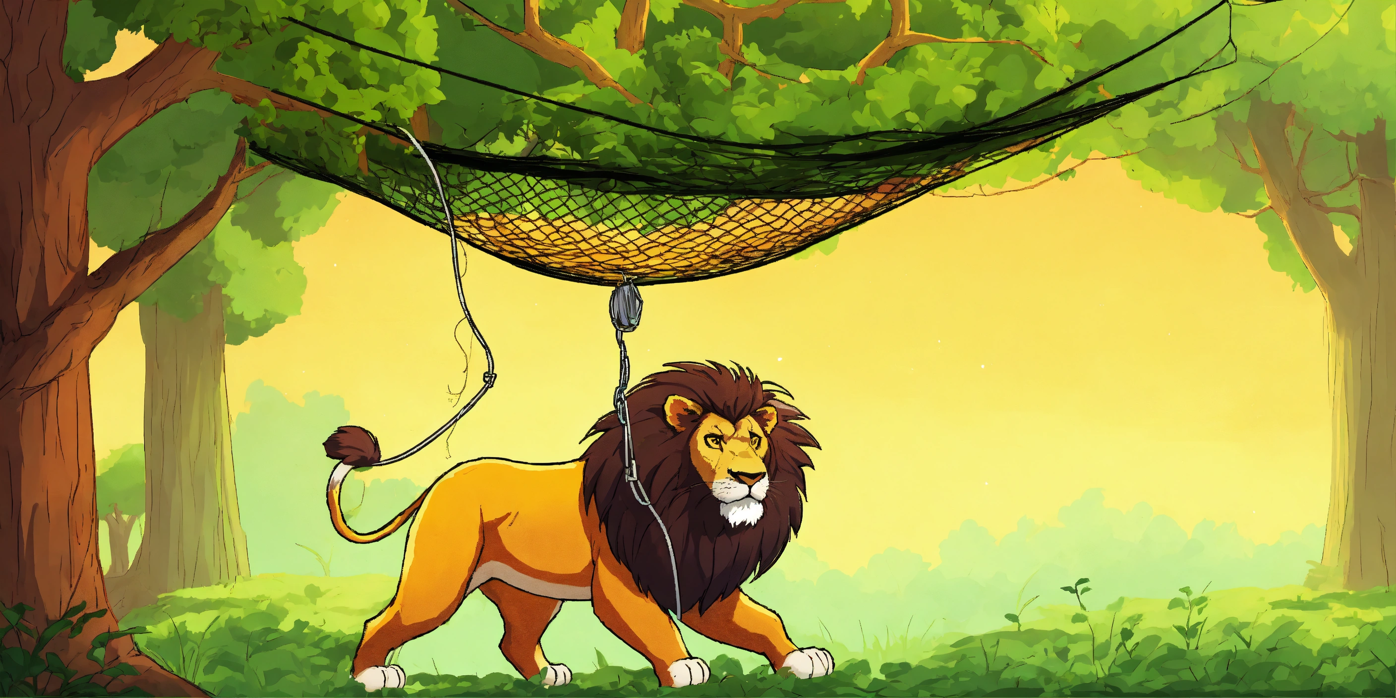 Lexica - Cartoon big lion captured in a net and net hung to tree in the ...