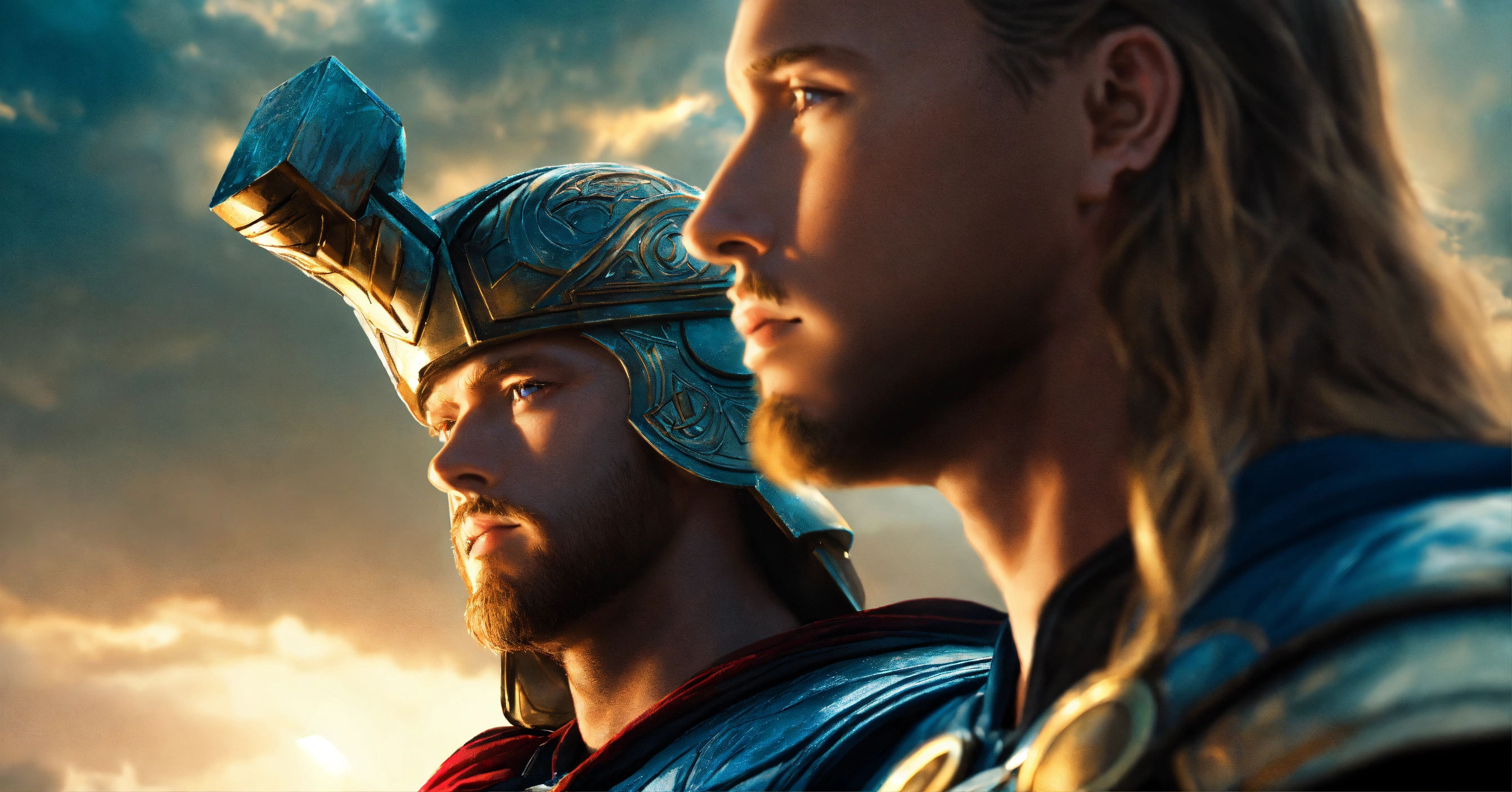 Lexica - Man close up looking up at sky at the gods, thor hammer ...