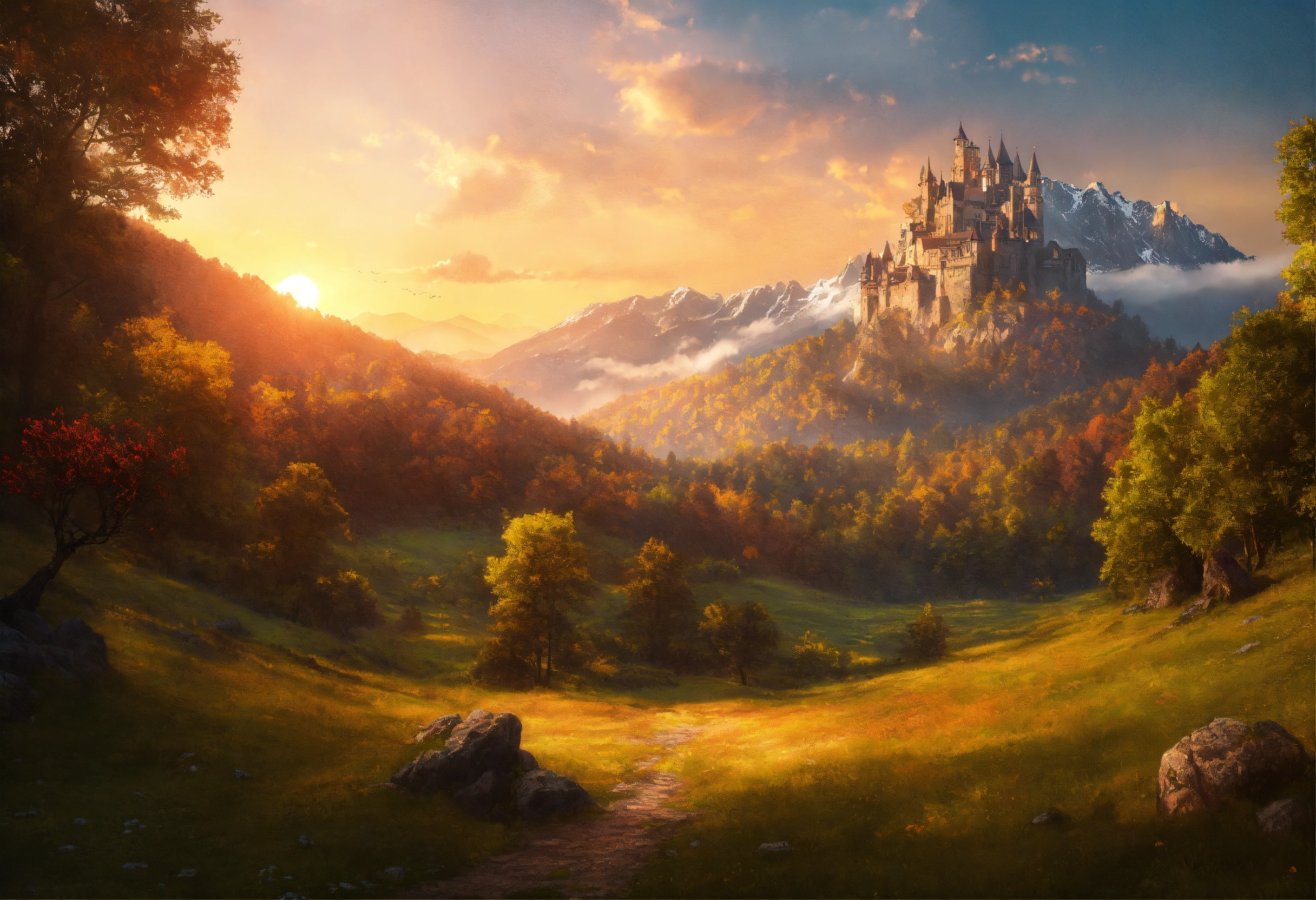 Lexica - A beautiful fantasy landscape at sunset of dense medieval ...