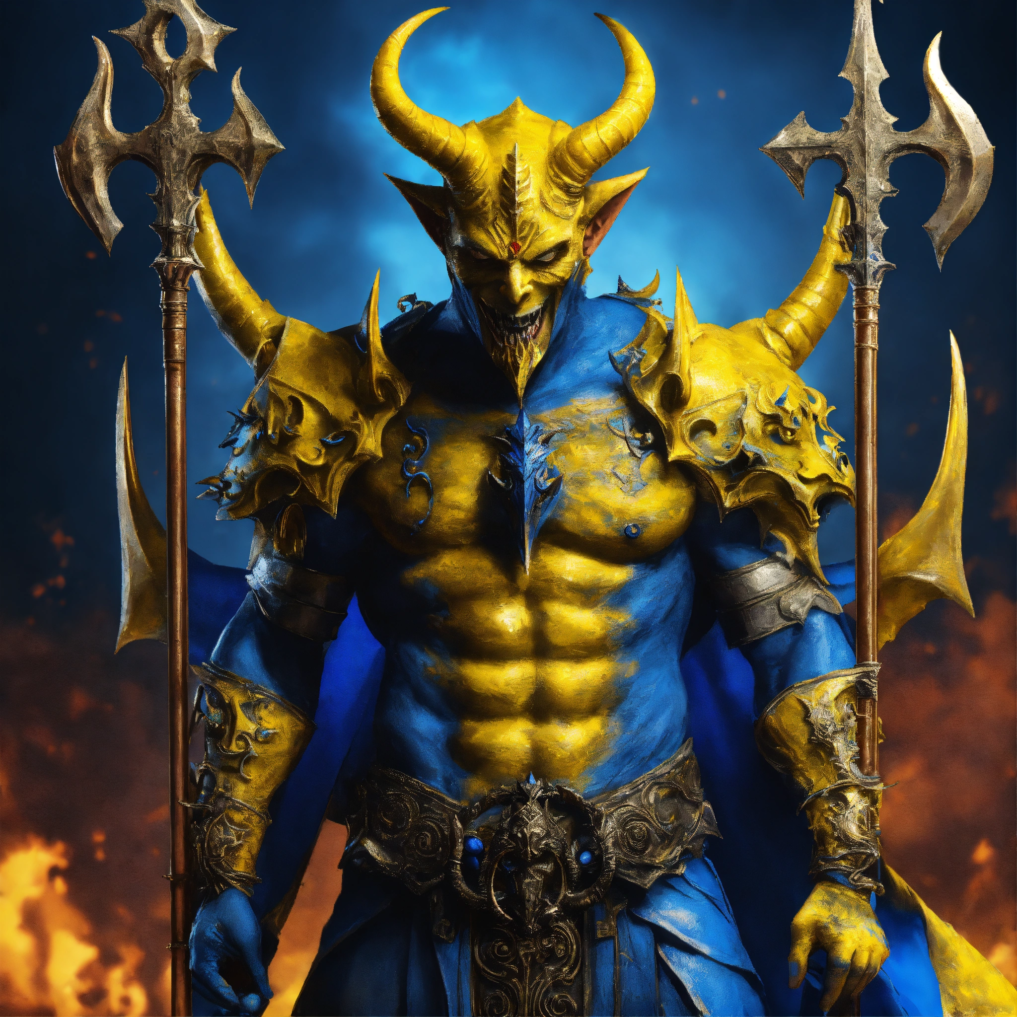 Lexica - Evil demonic yellow and blue devil, holding a trident, ominous ...