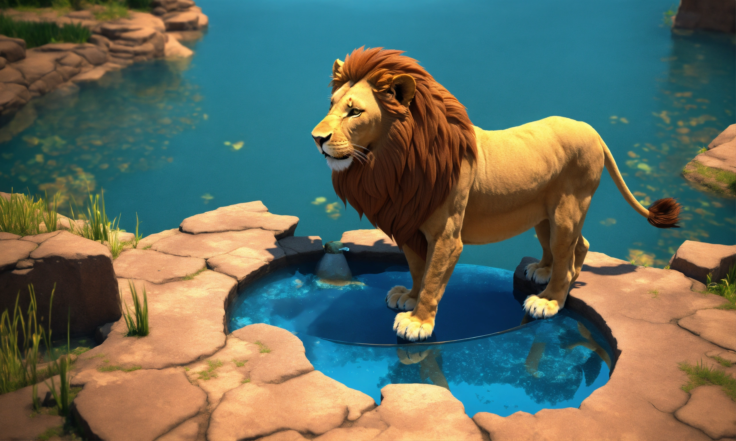 Lexica - 3d animation style cartoon lion seating at edge of blue water ...