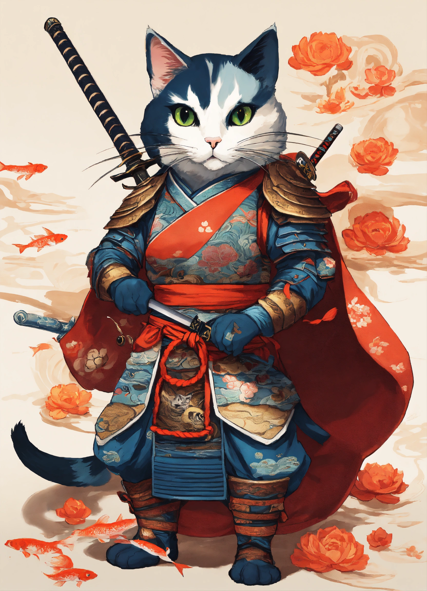 Lexica - There is a cat with a fish and a sword on a white background ...