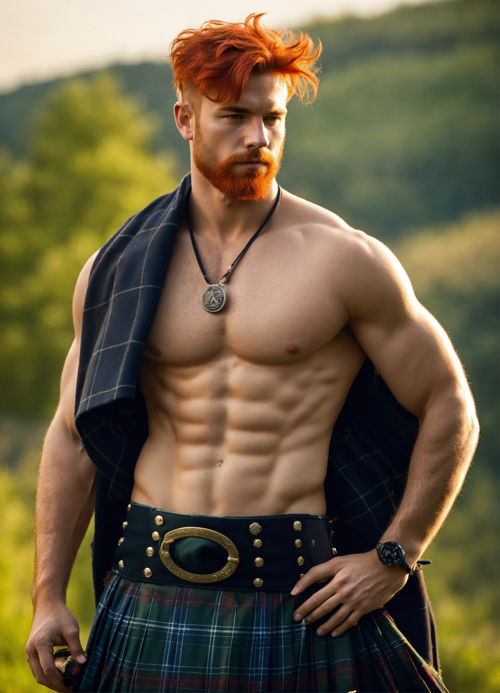 Lexica - A Scotsman in a kilt, shirtless, red hair, athletic
