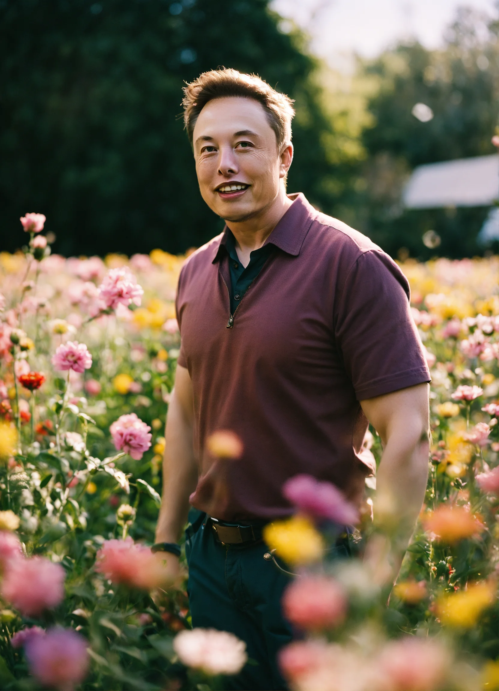 Lexica - Happy Elon Musk standing in a beautiful field of flowers ...
