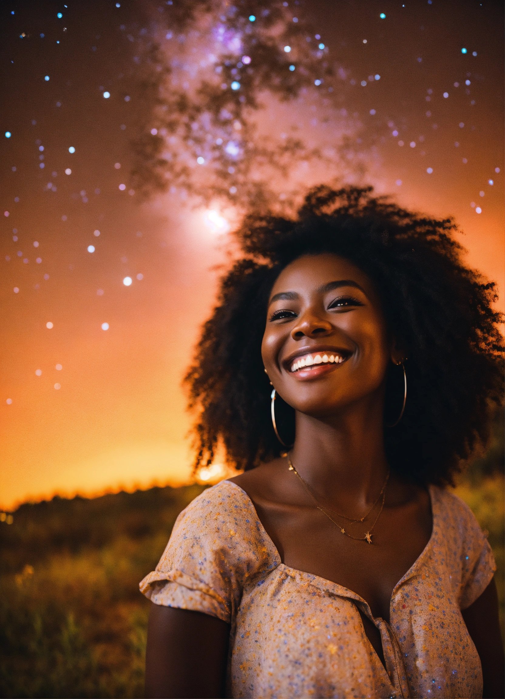 Lexica - Smiling melanin lady stargazing