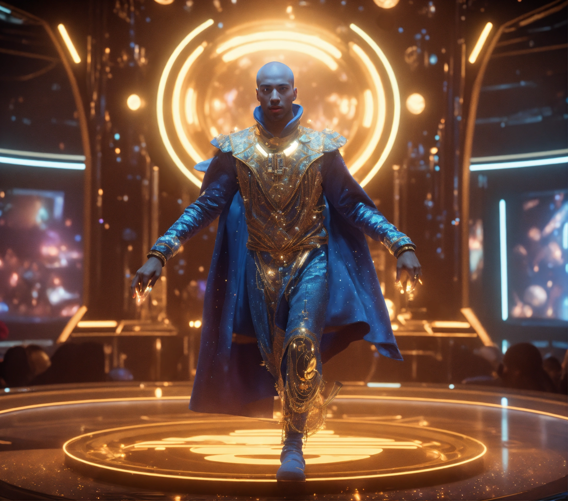 Lexica - Zoom out from a male humanoid wearing a fancy space robe with ...