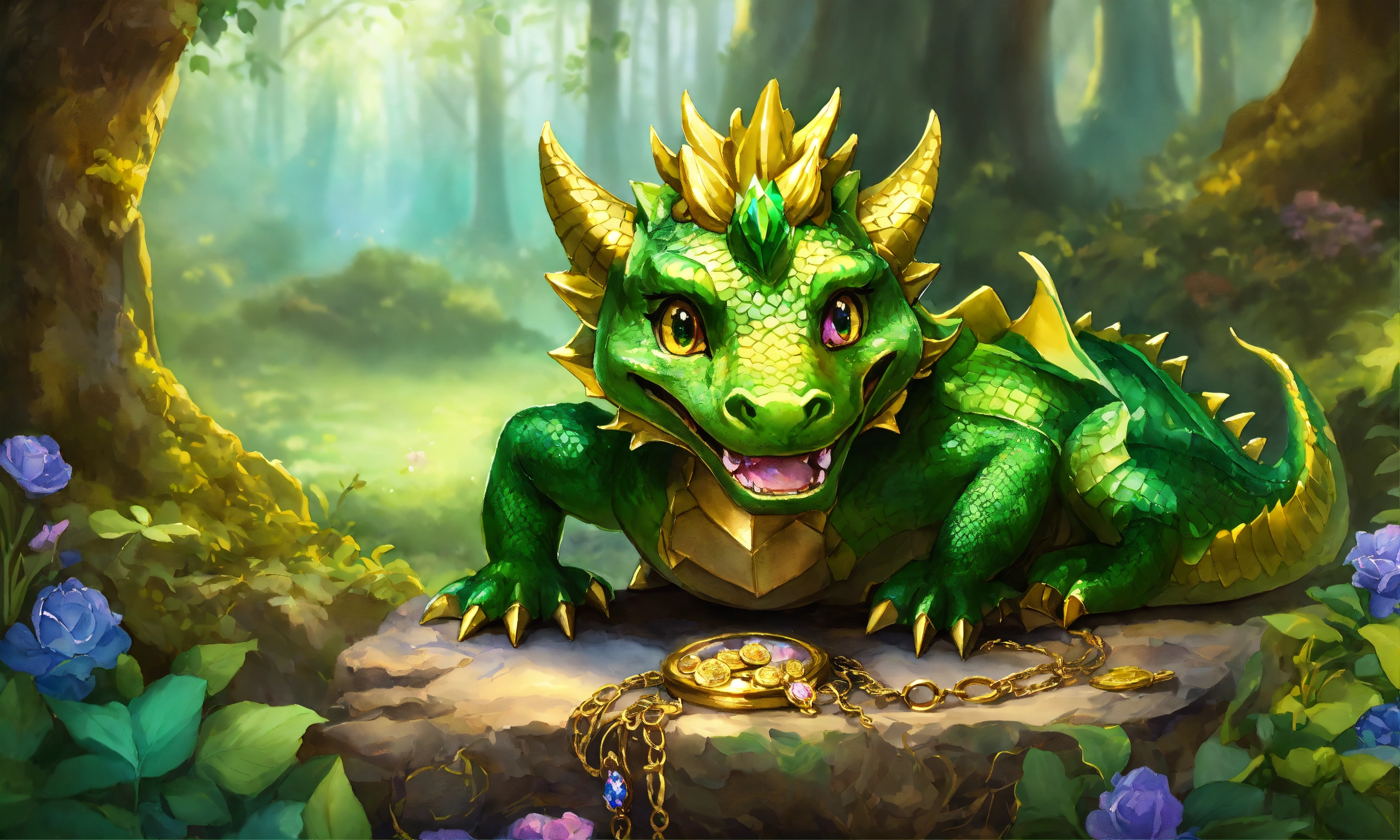 Lexica - Cute, adorable, pretty smiling green and gold dragon with ...