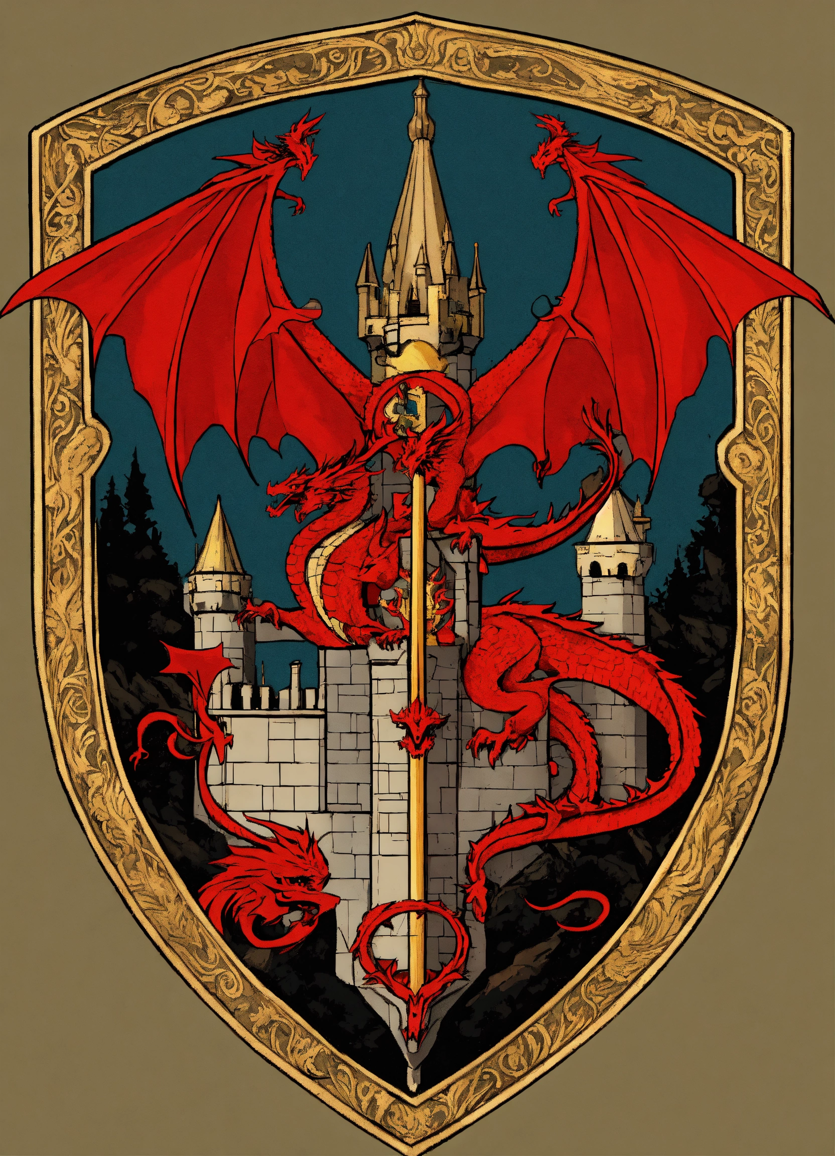 Lexica - Coat shield of arms with a tower and two dragons and a red ...