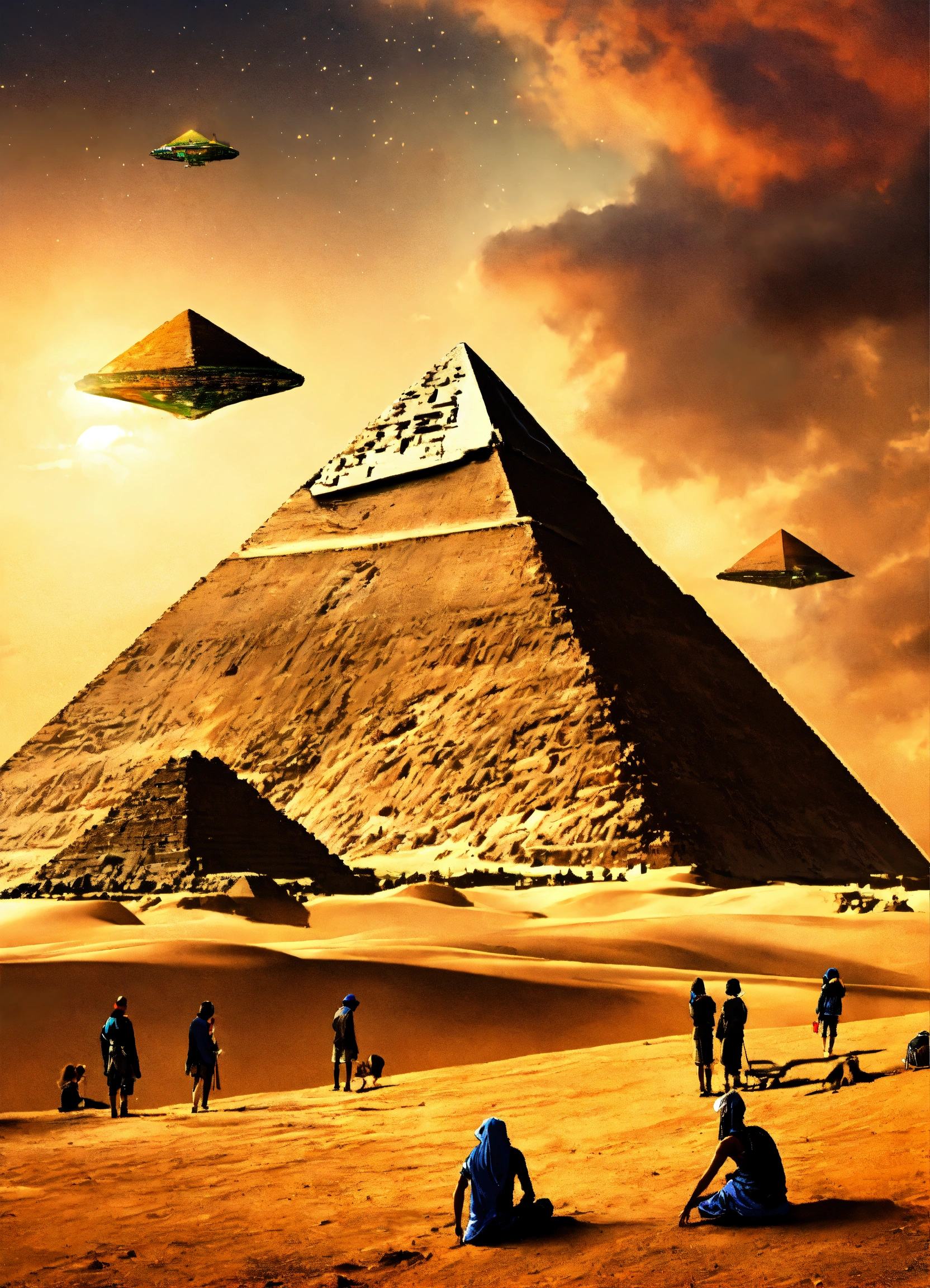 Lexica - Many aliens building the great pyramid , historic paint