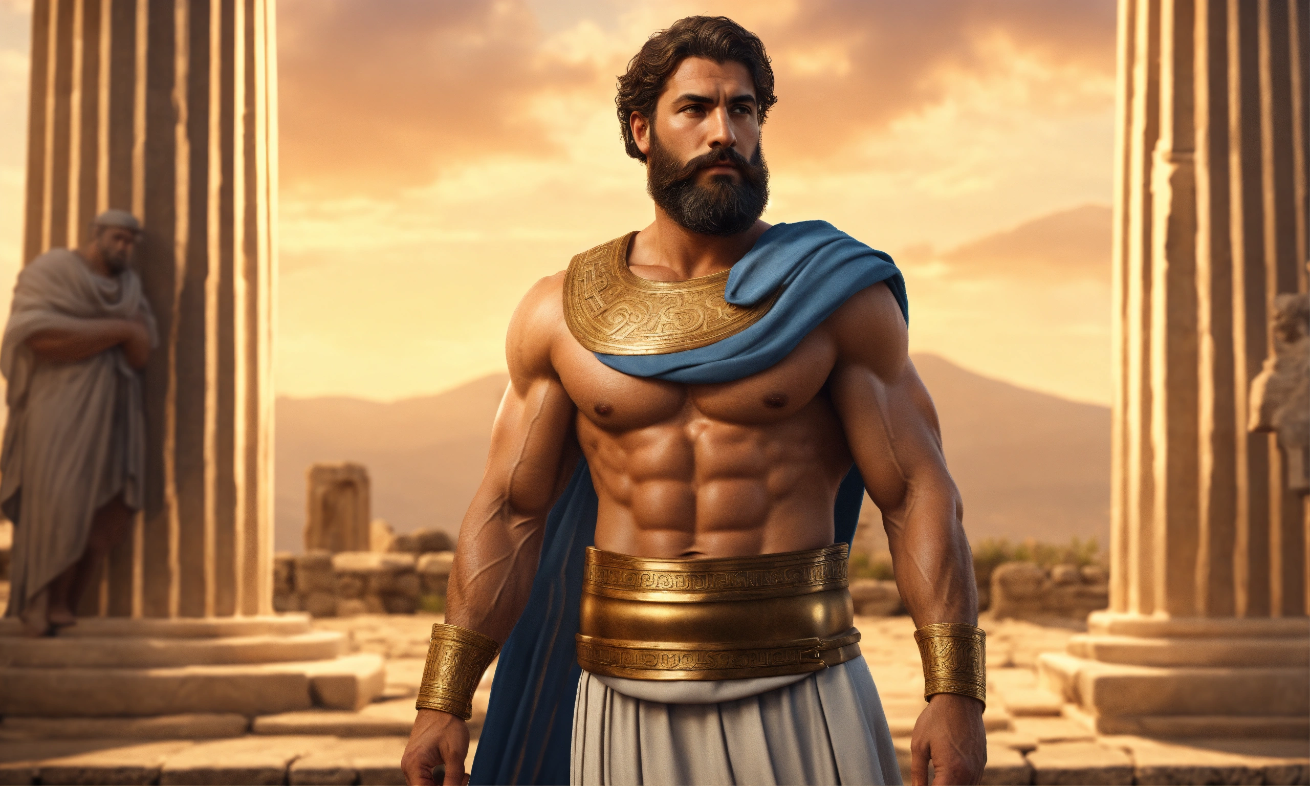 Lexica - Stoic man, dressed like a Greek, attractive, muscular, bearded ...