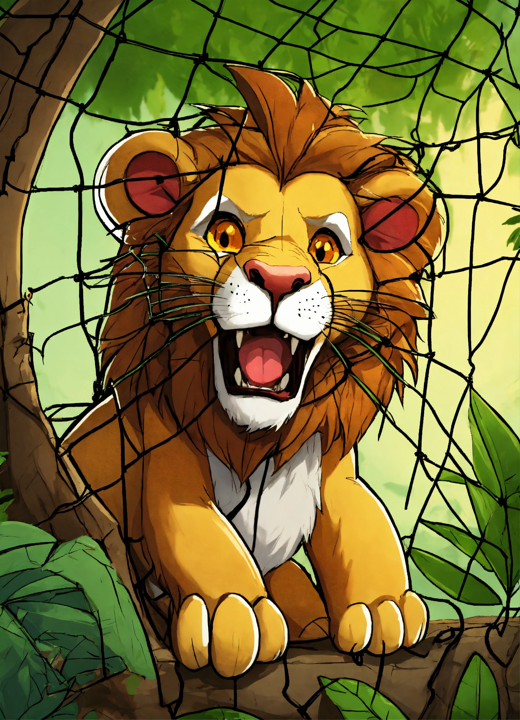 Lexica - Cartoon lion trapped in net and hung to tree in jungle