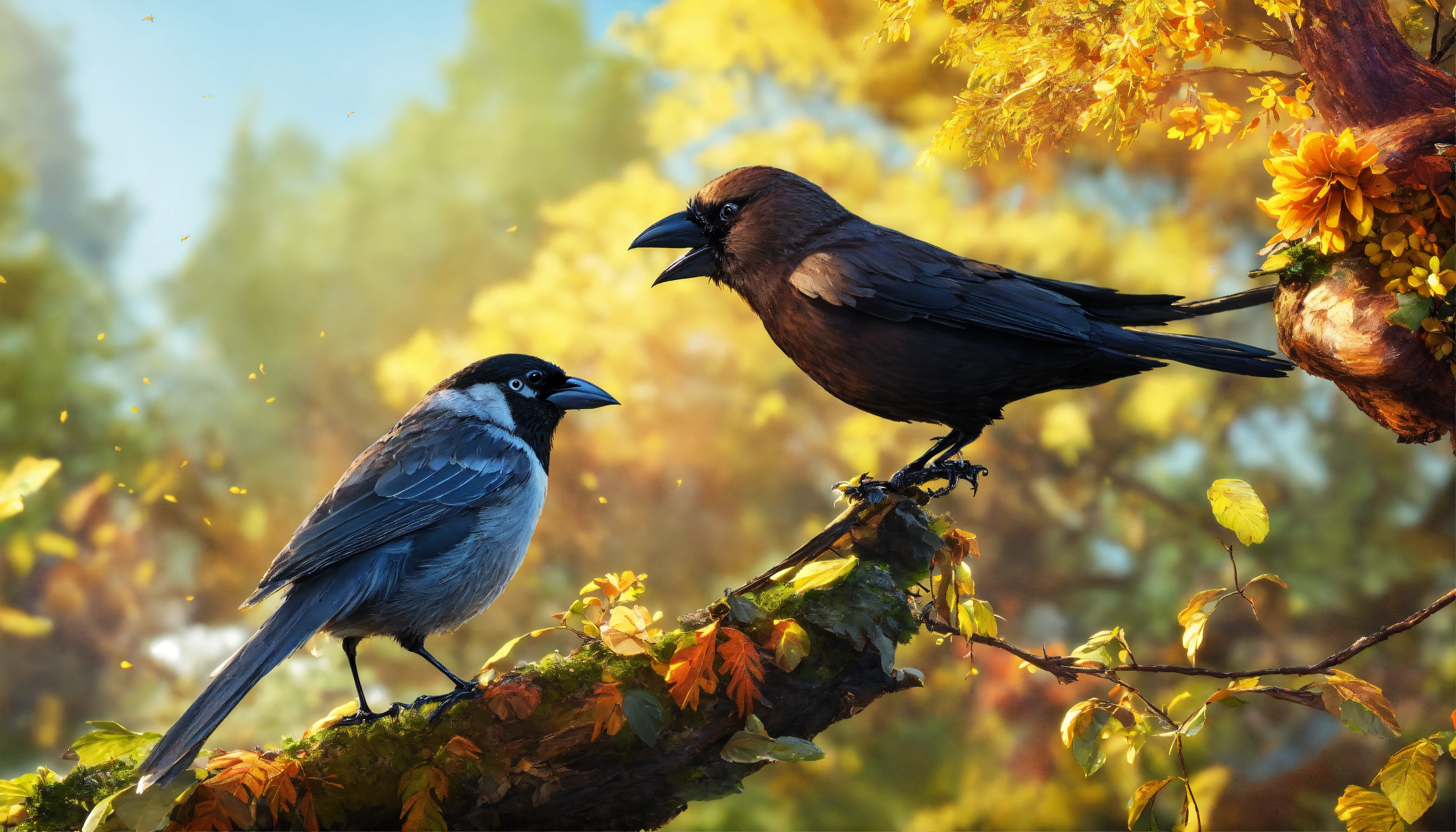 Lexica - "Create an image of a sparrow and a crow living on the same ...