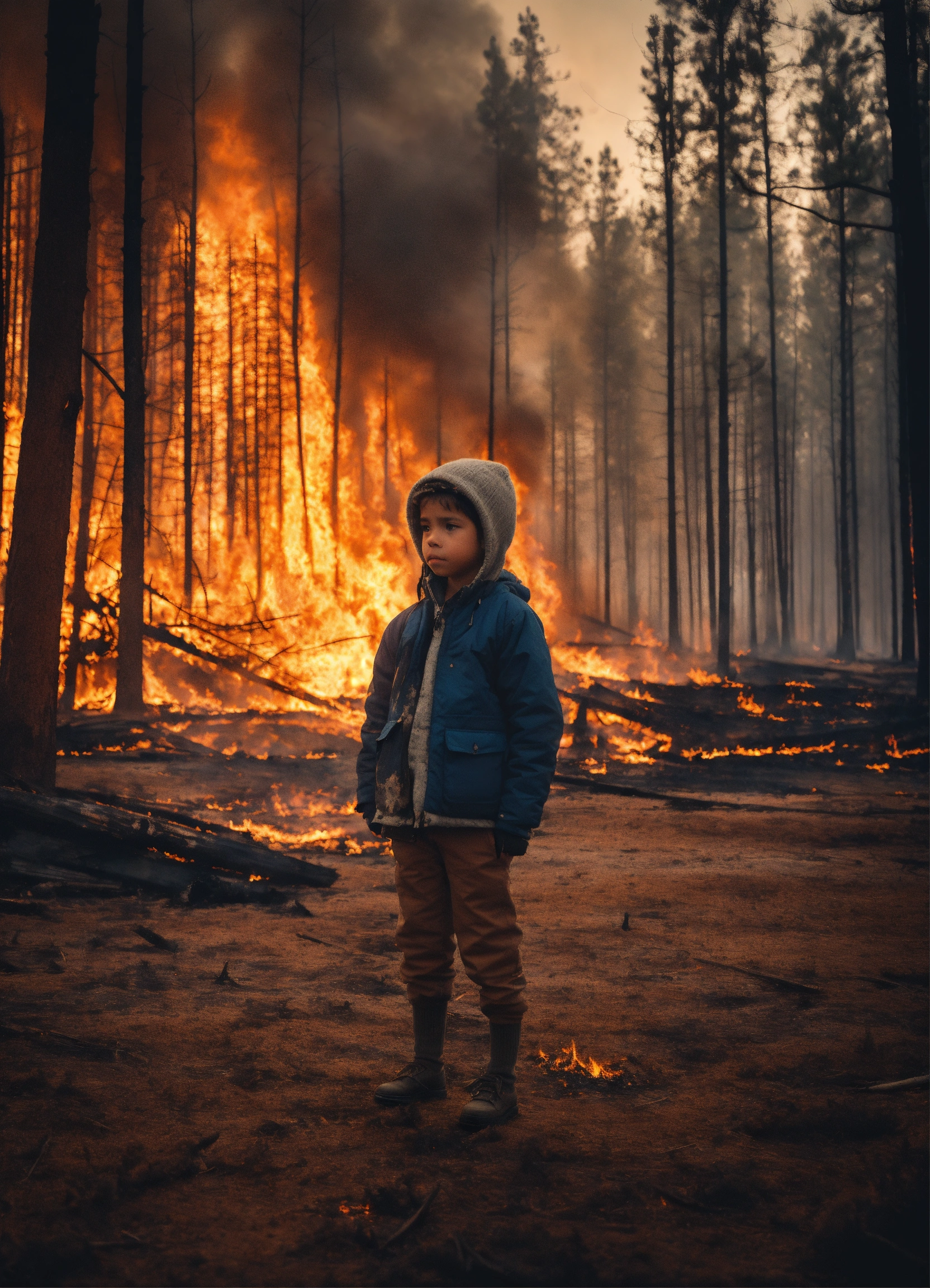 Lexica - A sad childern standing in front of a burnt down forest, stunning details, scketch 8k