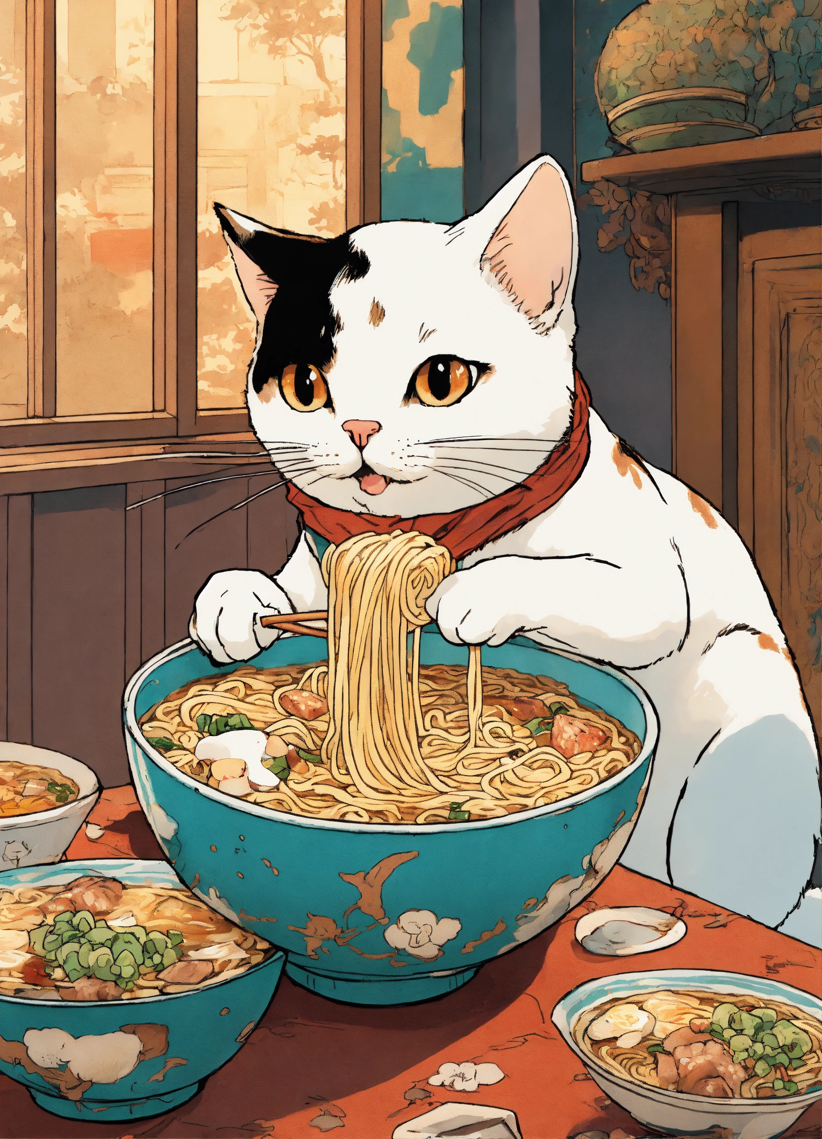 Lexica - A cute white with brown spots cat eating ramen, illustration ...