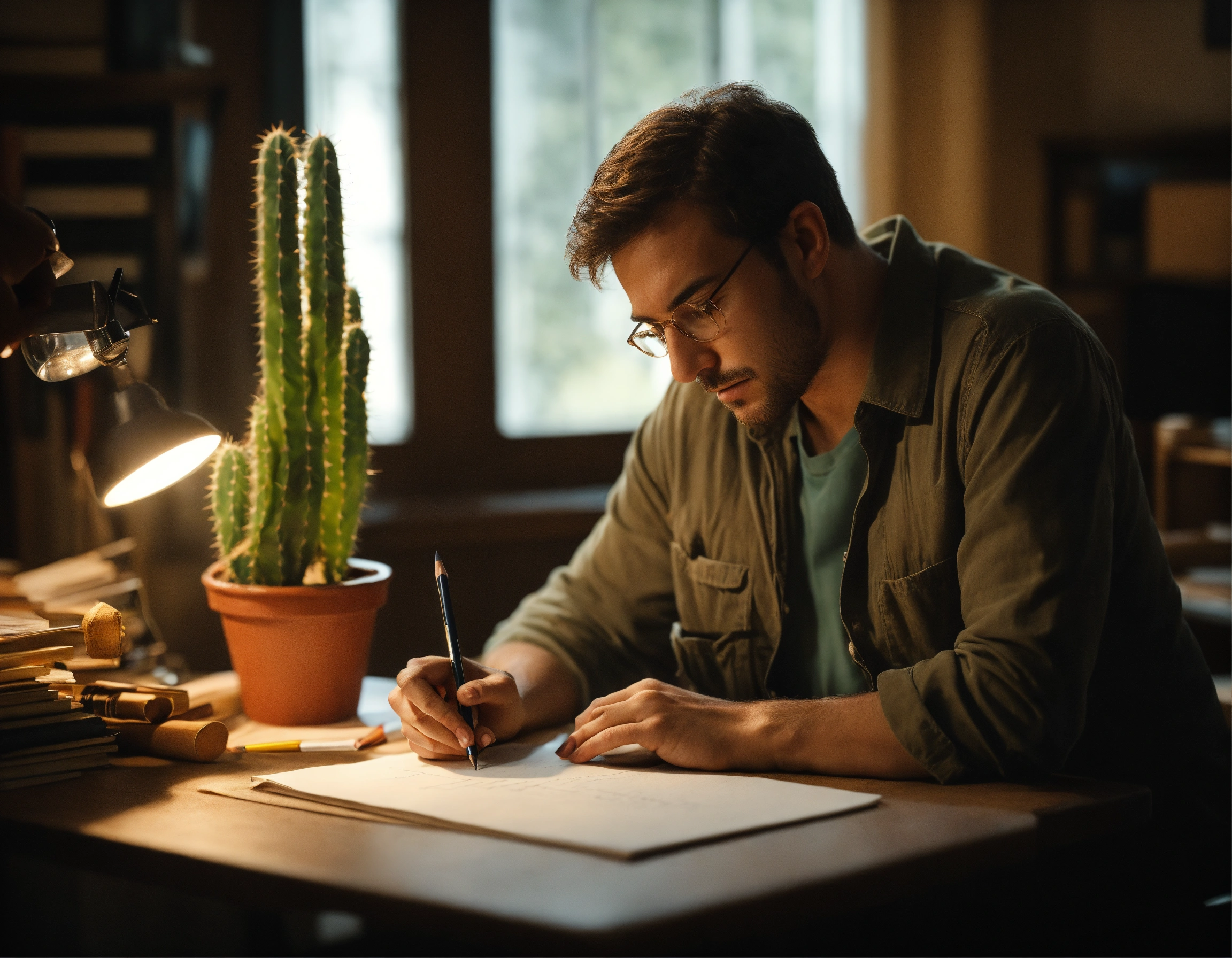 Lexica - The man is a poet, sitting at his desk in his office. He is ...