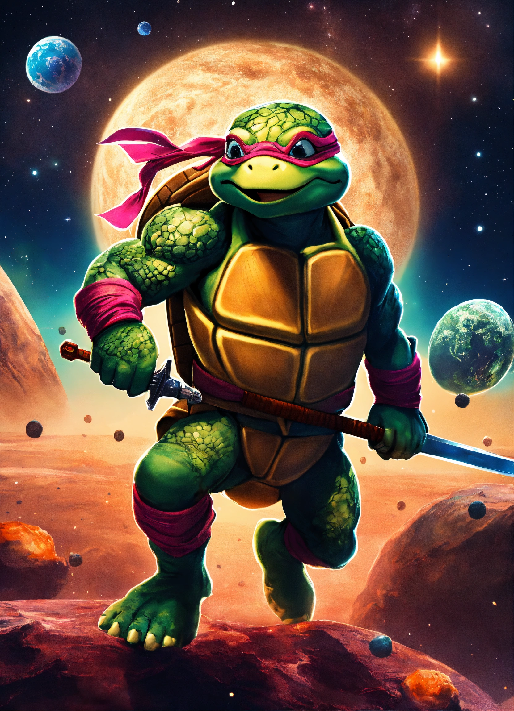 Lexica - A playful ninja turtle with a sword in outer space