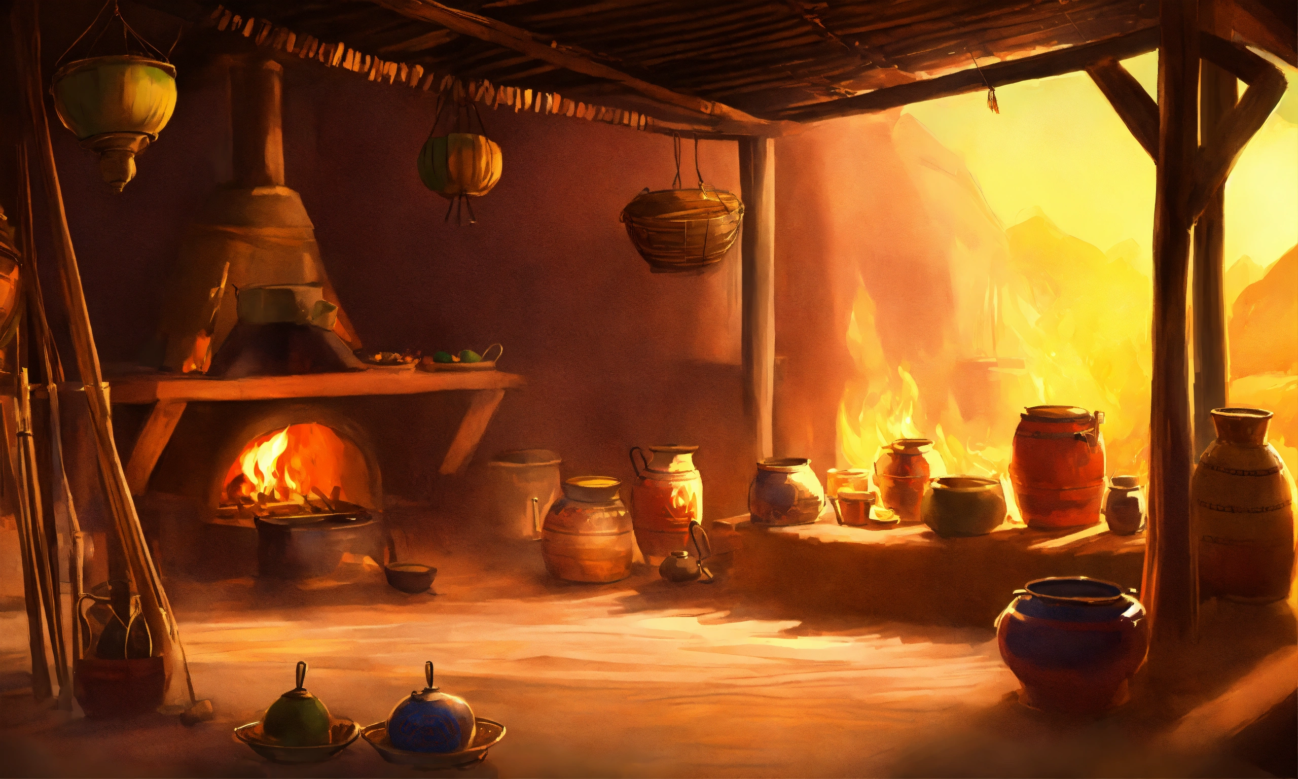 Lexica - Inside african tribal hut at night, basic utensils and cooking ...