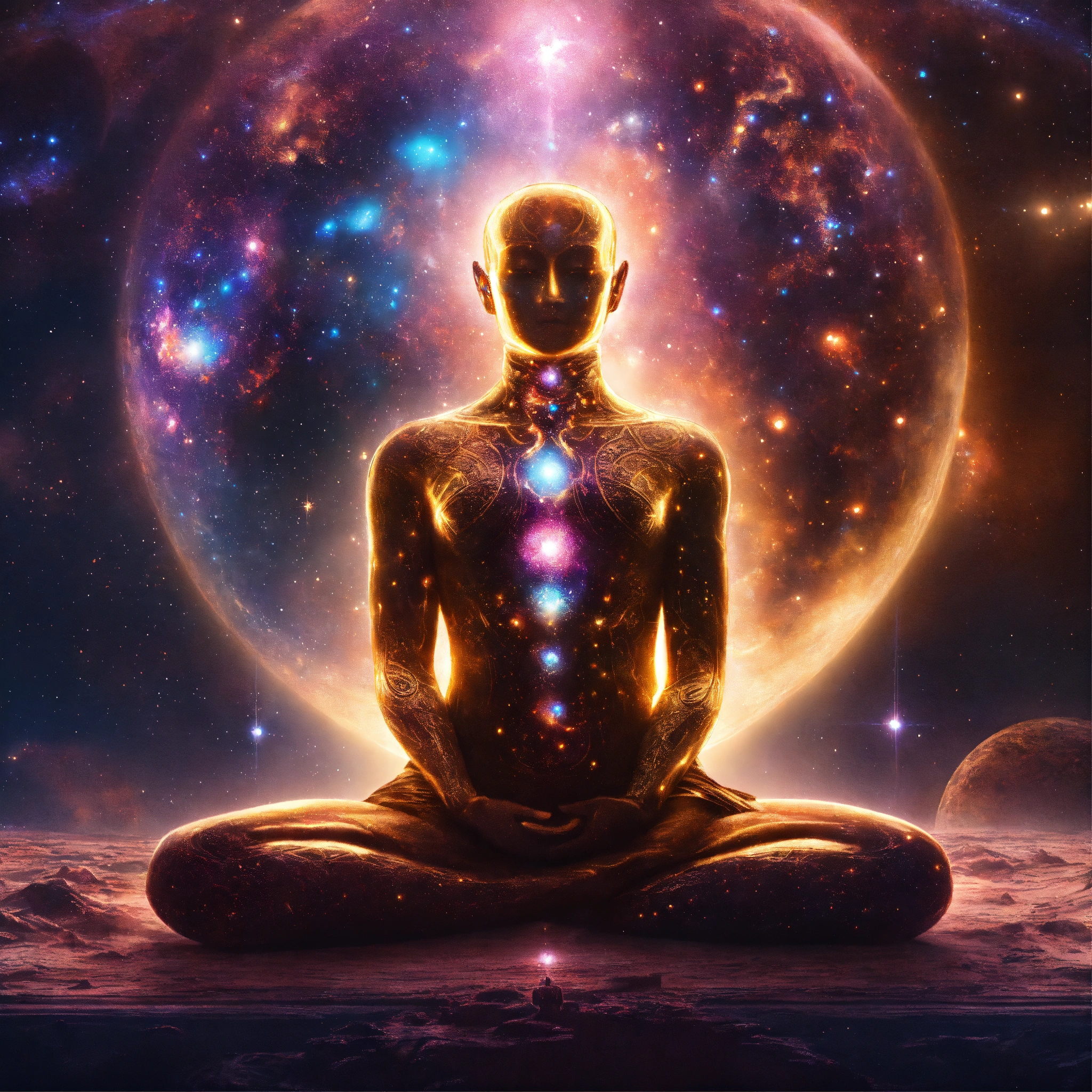 Lexica - Glowing humanoid meditates and transforms the body to fulfill ...
