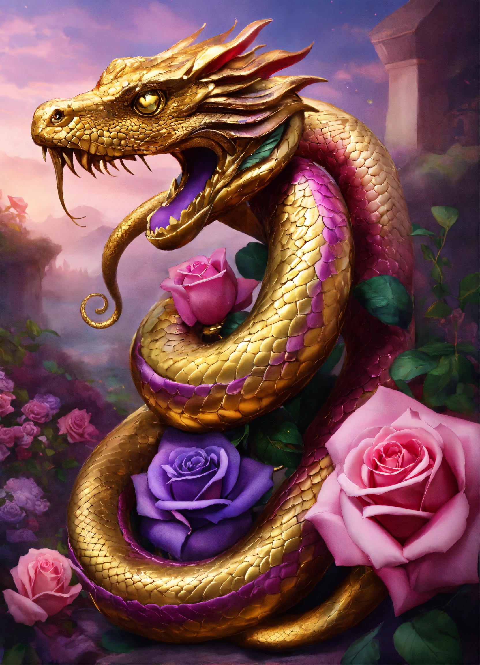 Lexica - Enchanted large magic gold and purple snake pink roses ...
