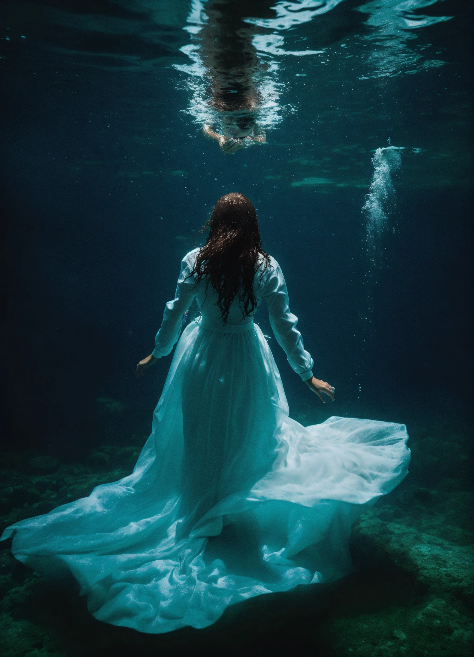 Lexica - The woman in white is drowning under water. dark. scary pictures