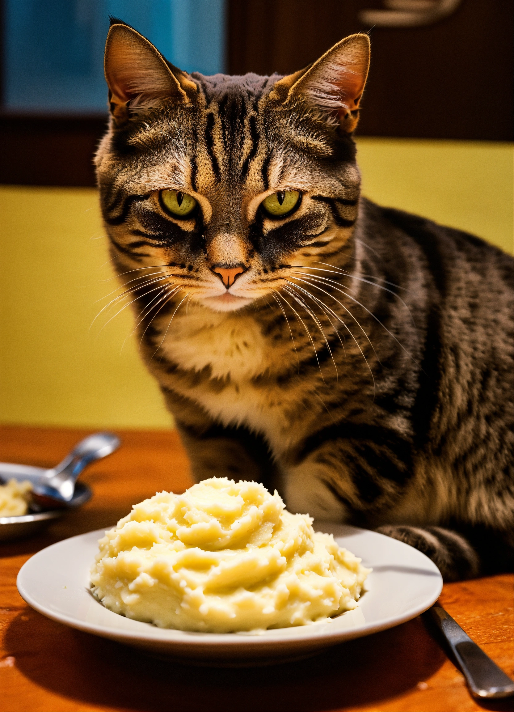 Lexica - A cat eats mashed potatoes