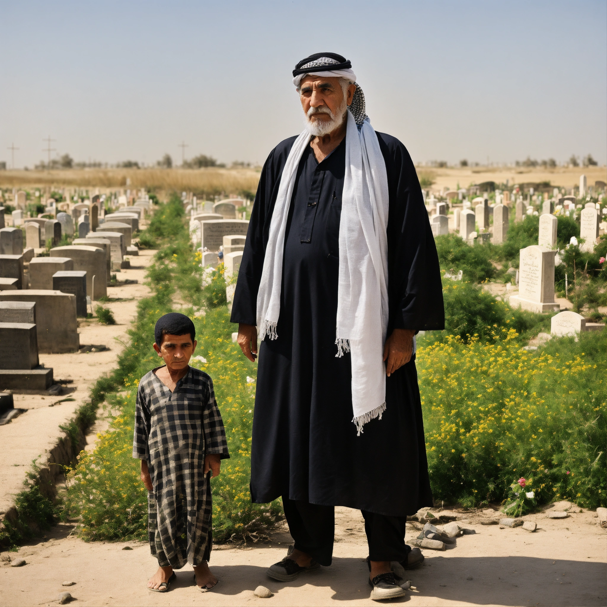 Lexica - An old Iraqi man and his young son standing together in a ...
