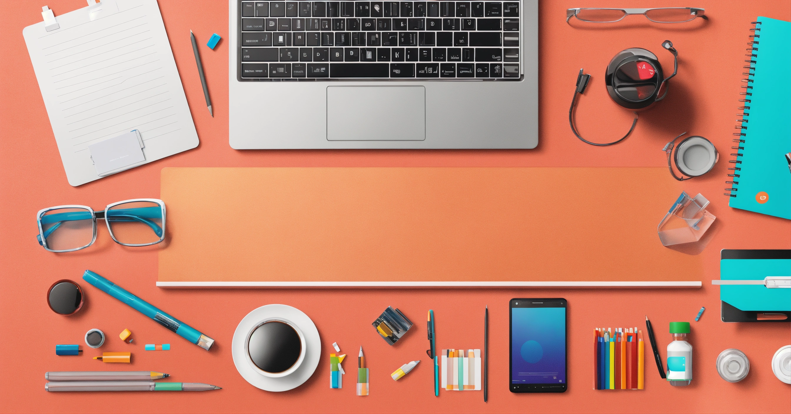 Lexica - Top view Futuristic worktable desk with stationery supplies ...