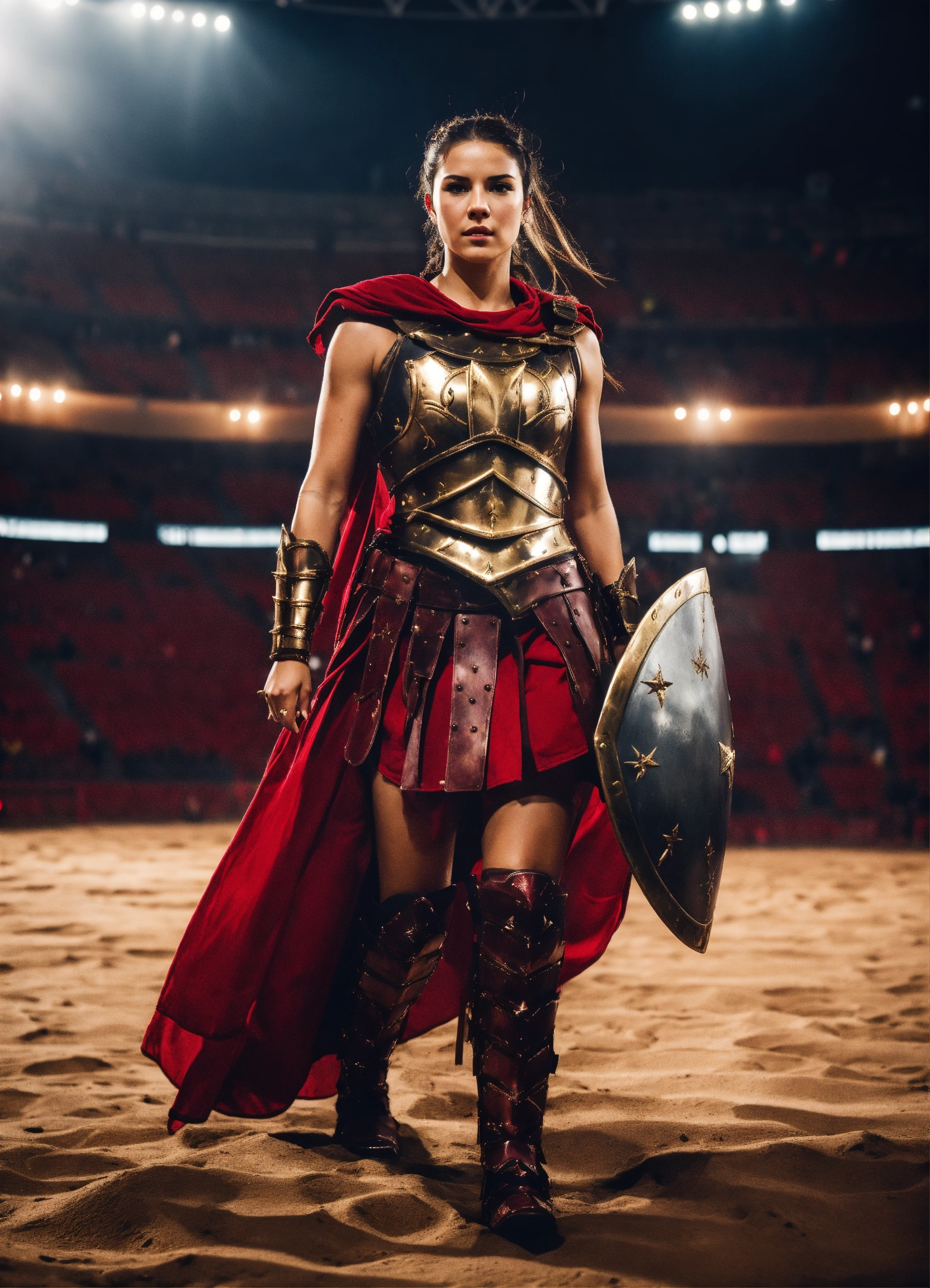 Lexica - Female athletic gladiator entering arena wearing red gladiator ...