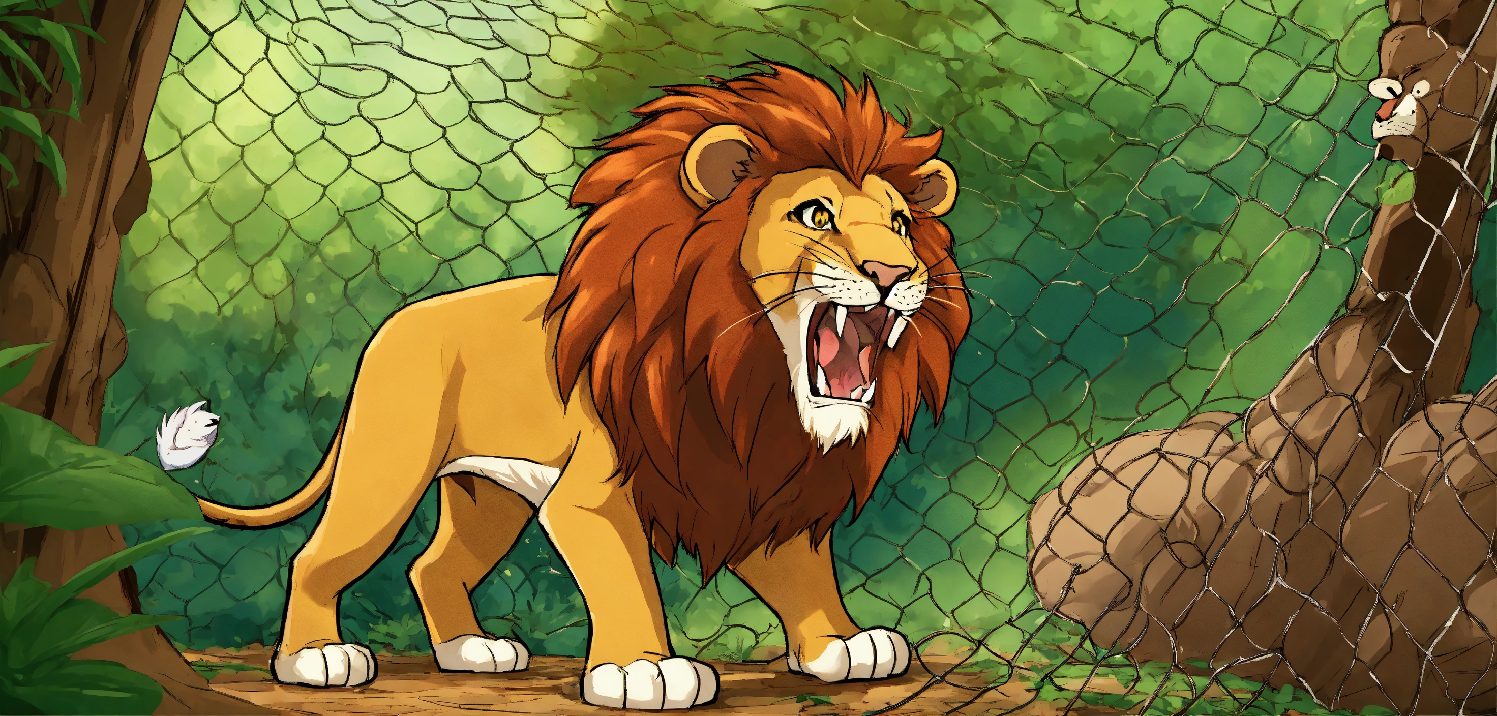 Lexica - Cartoon when big lion was trapped in net that time with mouse ...