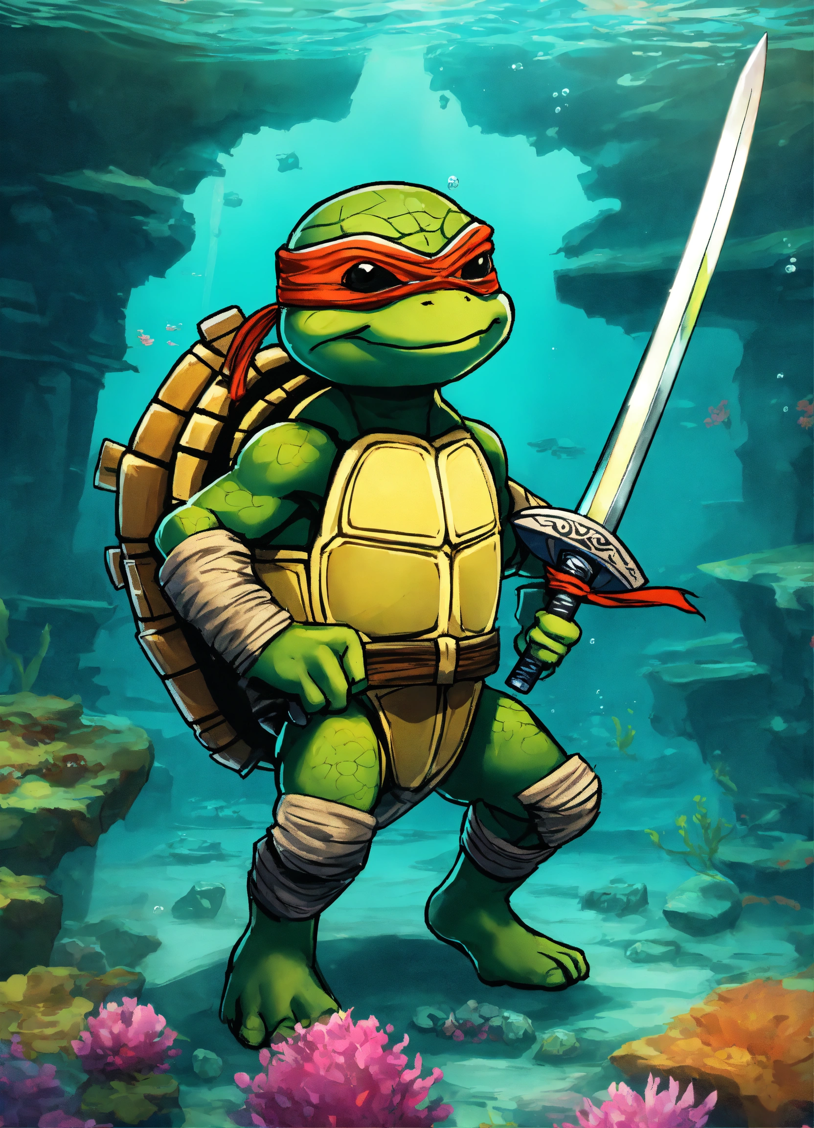 Lexica - A chibi ninja turtle with a green eye band and katana in ...